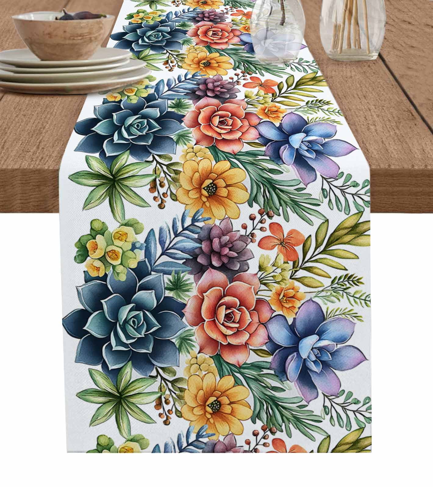 Spring Floral Succulents Table Runner 48 Inches, Watercolor Botanical Vintage Bed Runner Dresser ...