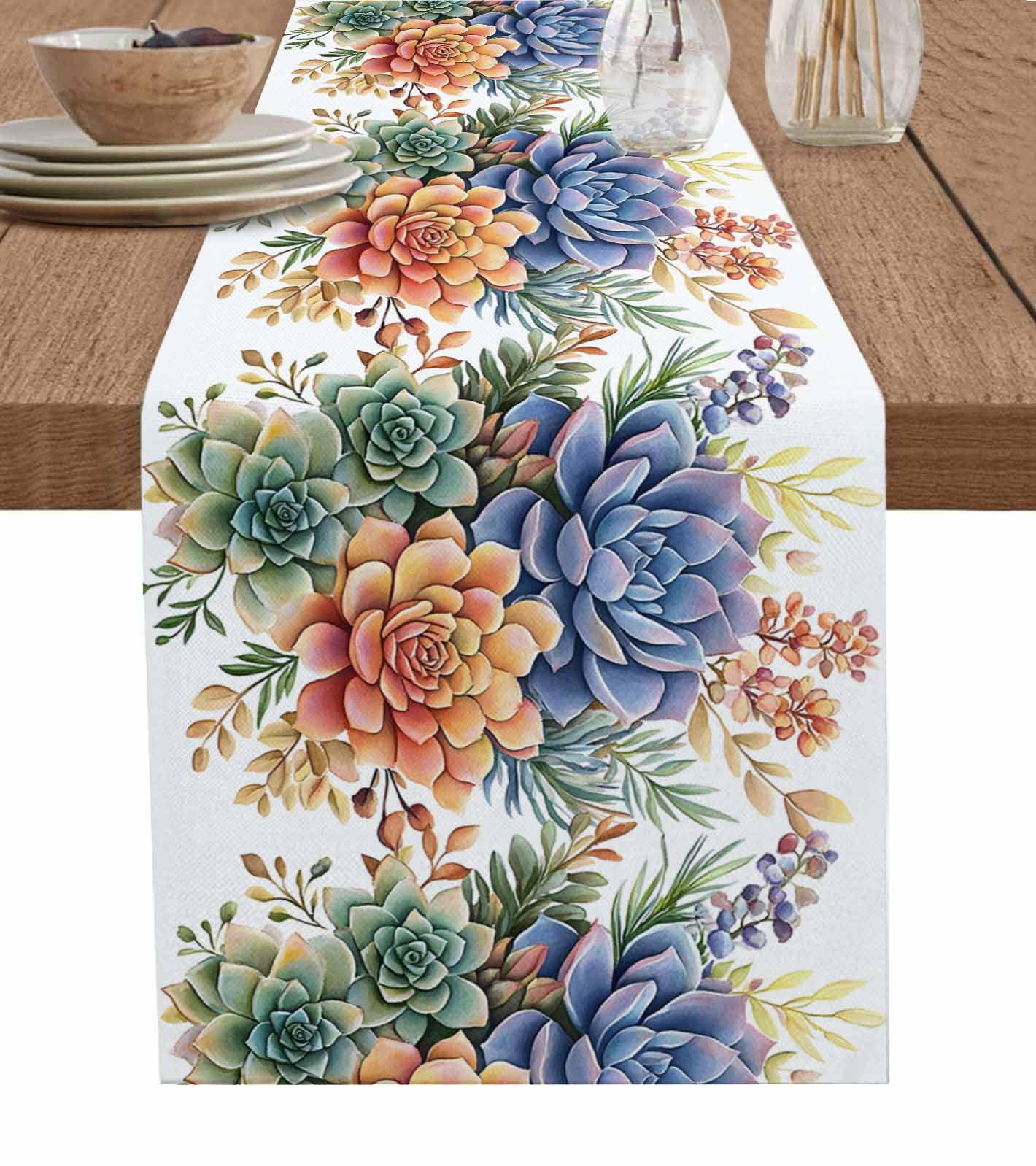 Spring Floral Succulents Table Runner 70 Inches, Watercolor Botanical Summer Bed Runner Dresser ...