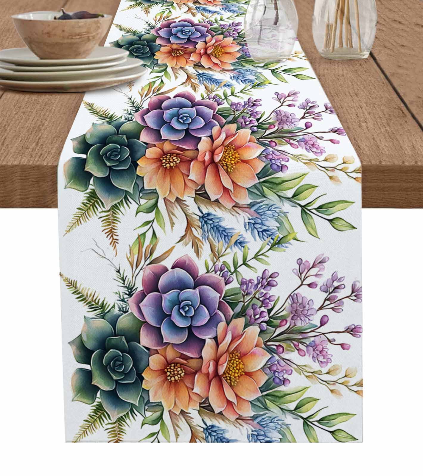 Spring Floral Succulents Table Runner 72 Inches, Botanical Flowers Watercolor Bed Runner Dresser ...