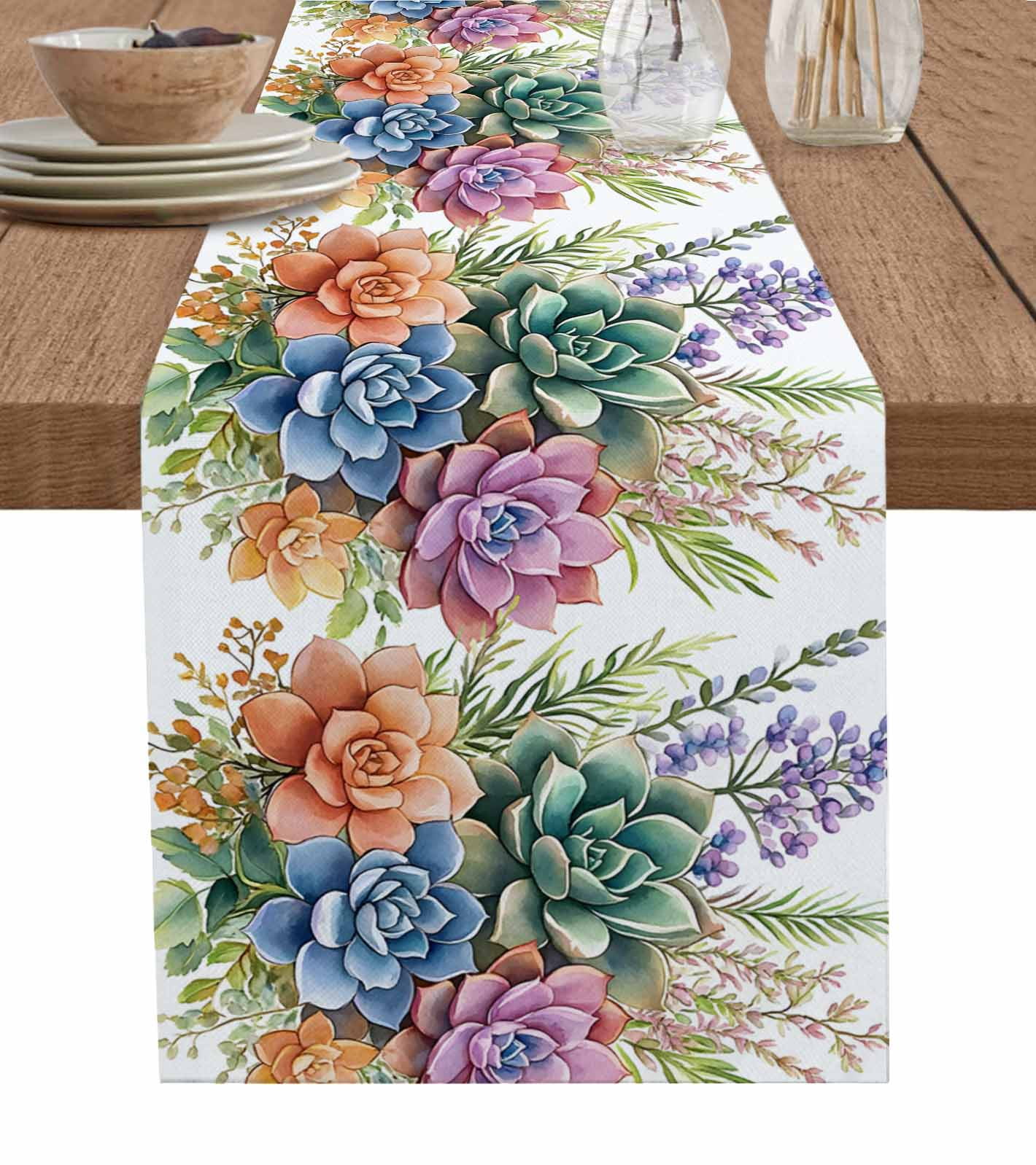 Spring Floral Succulents Table Runner 90 Inches, Watercolor Botanical Bed Runner Dresser Scarves ...