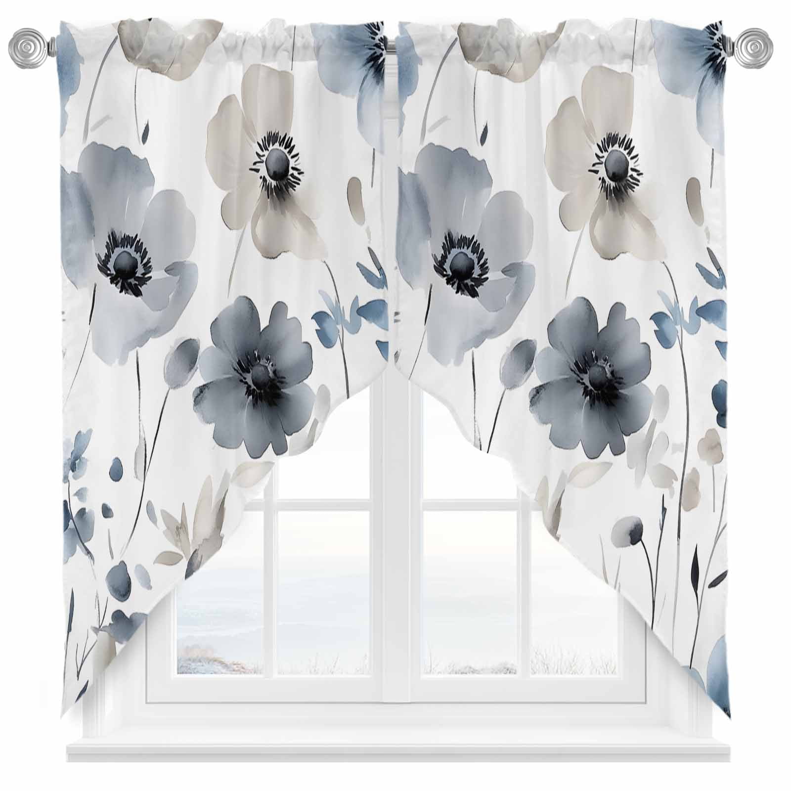 Spring Floral Swag Curtain Valance for Windows, Watercolor Grey Blue ...