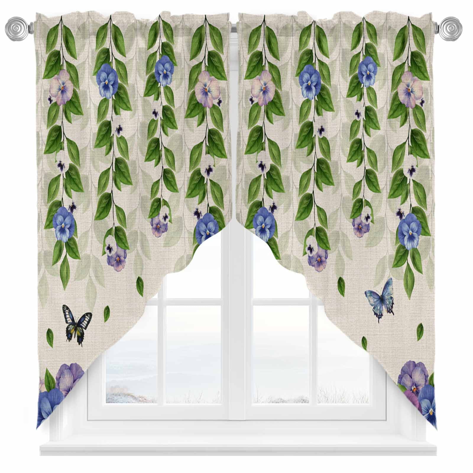 Spring Floral Swag Kitchen Curtain Valances, Watercolor Blue Purple ...
