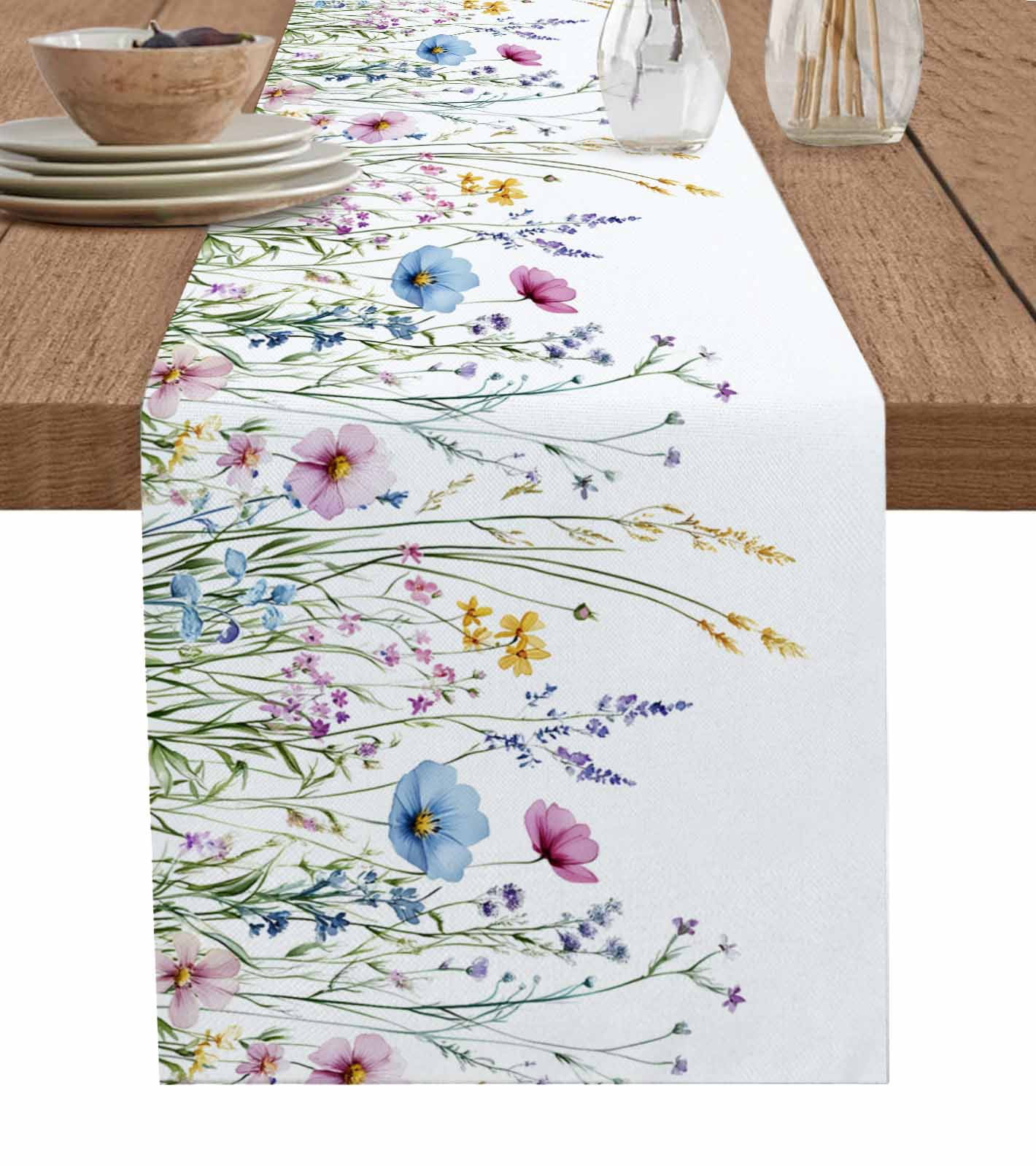 Spring Floral Table Runner 108 Inches, Colorful Botanical Wildflower ...