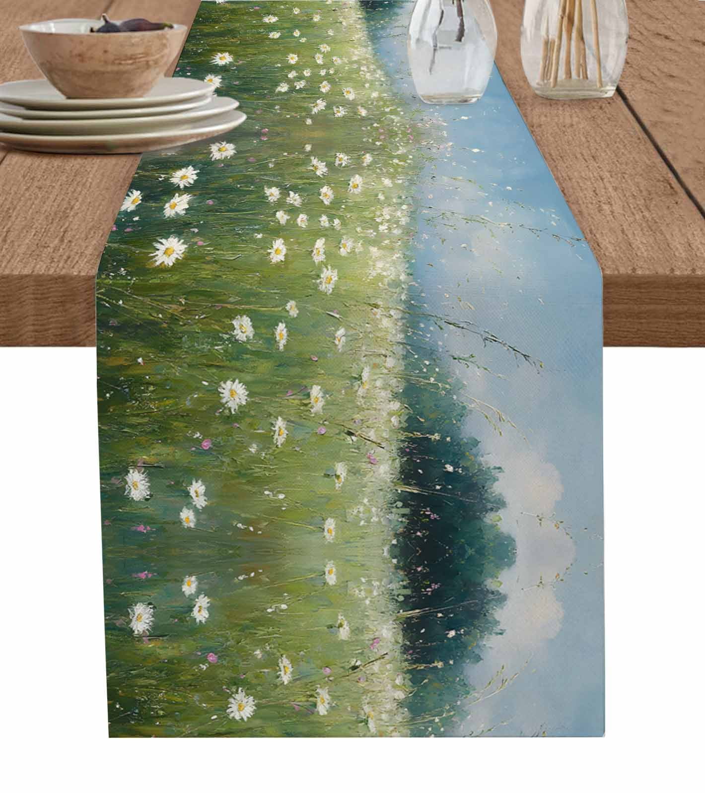 Spring Floral Table Runner 108 Inches, Whit Green Botanical Modern Oil ...