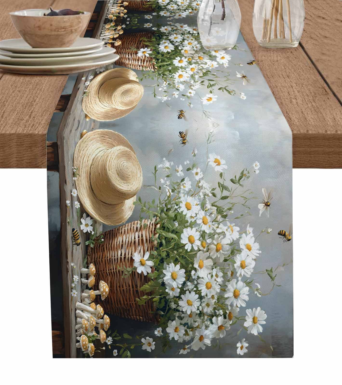 Spring Floral Table Runner 108 Inches, White Pastoral Flowers Summer ...
