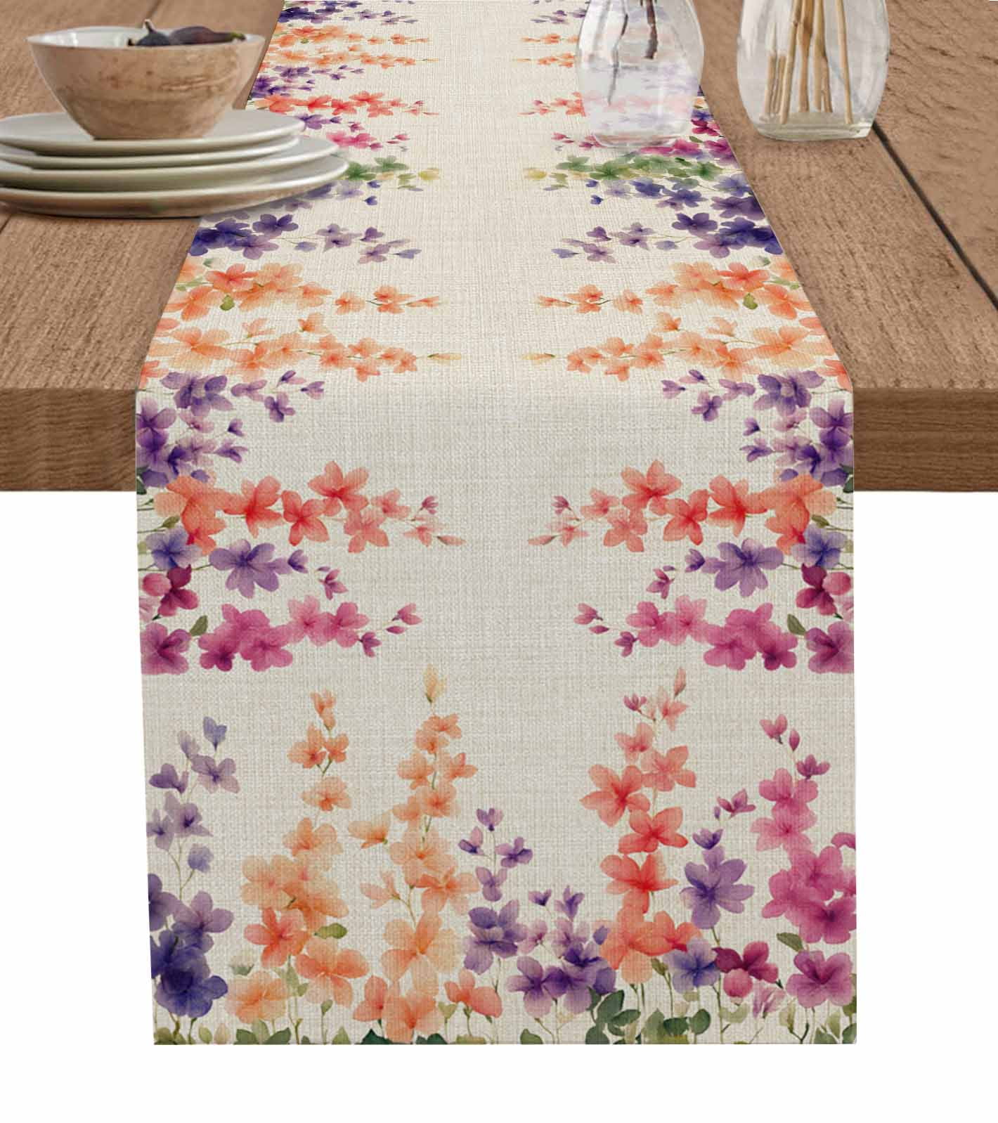 Spring Floral Table Runner 108 Inches, Wildflower Beige Retro Garden ...