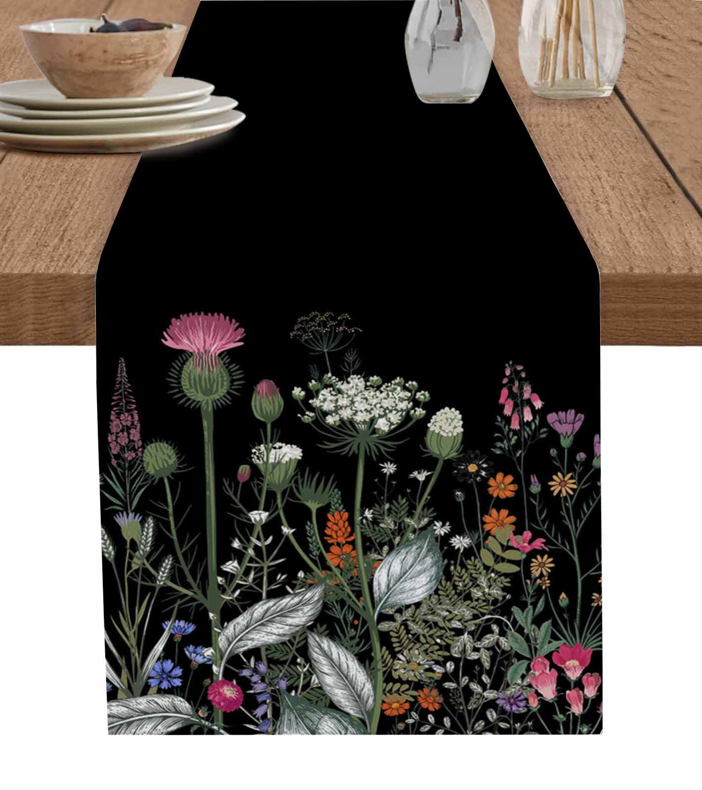 Spring Floral Table Runner 120 Inches, Black Farmhouse Botanical ...