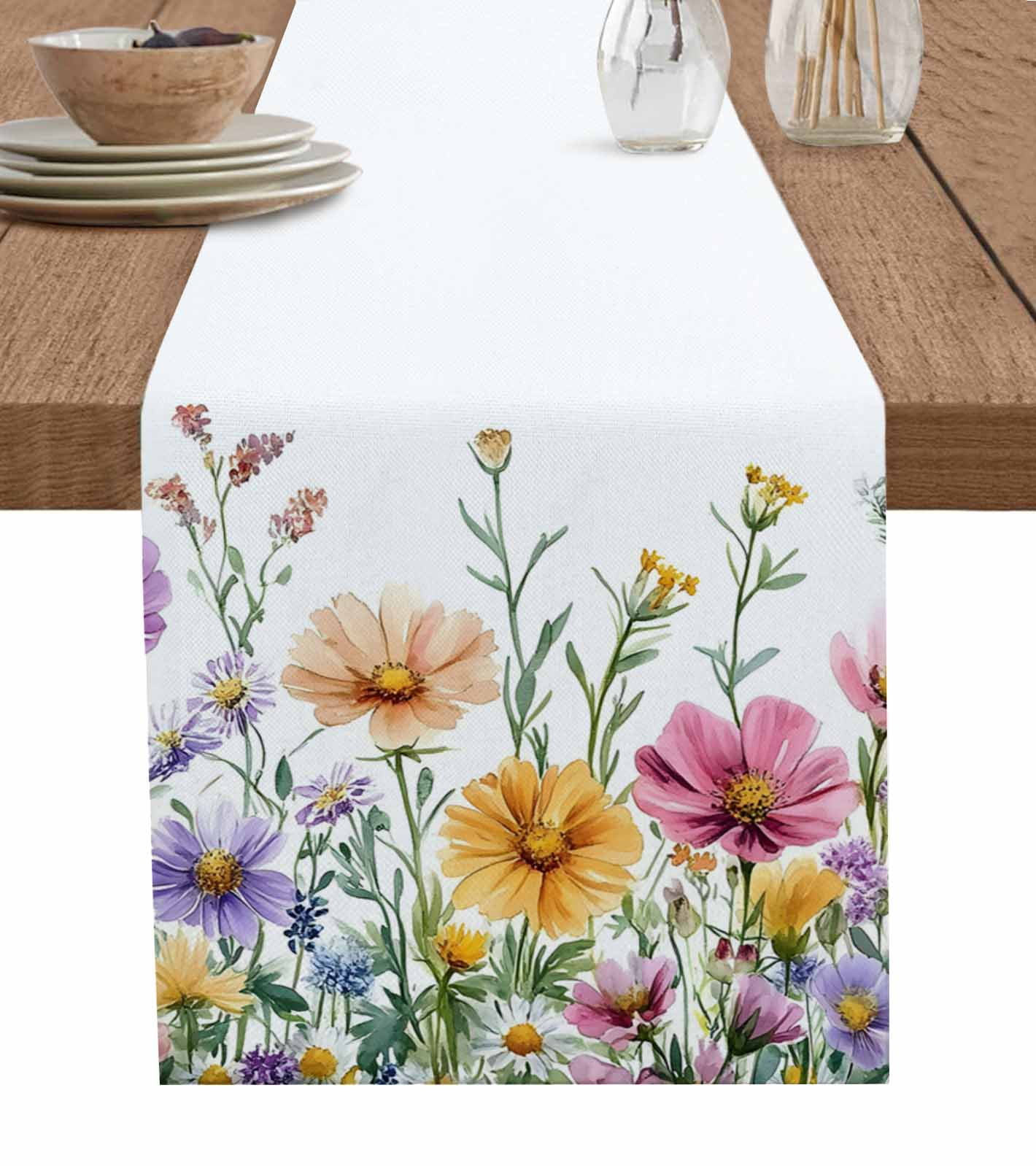 Spring Floral Table Runner 120 Inches, Yellow Pink Flowers Watercolor ...