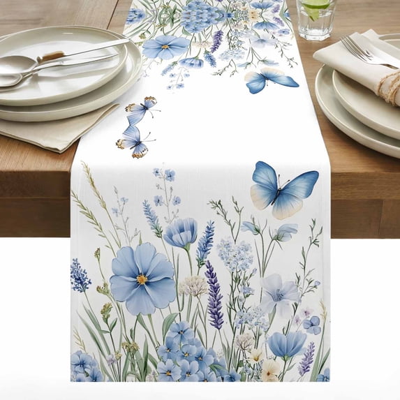 Spring Floral Table Runner 13x48 inch Blue Wildflowers Field Butterfly ...
