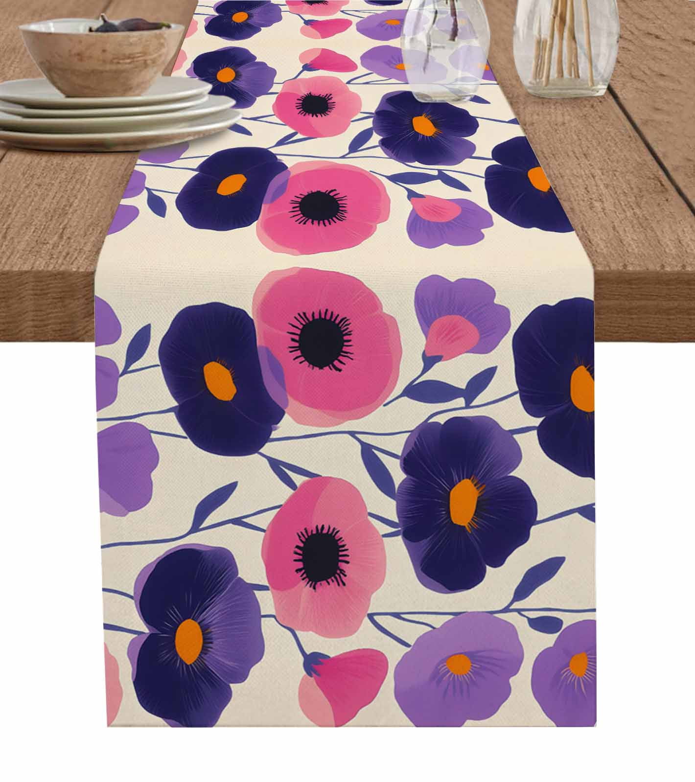 Spring Floral Table Runner 36 Inches, Purple Pink Modern Abstract Art ...