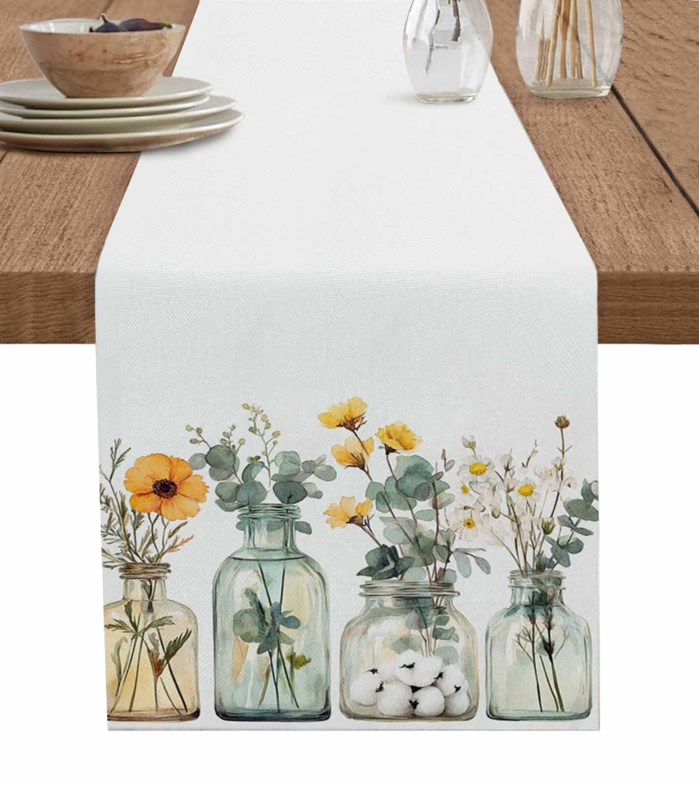 Spring Floral Table Runner 70 Inches, Eucalyptus Leaf Summer Botanical ...