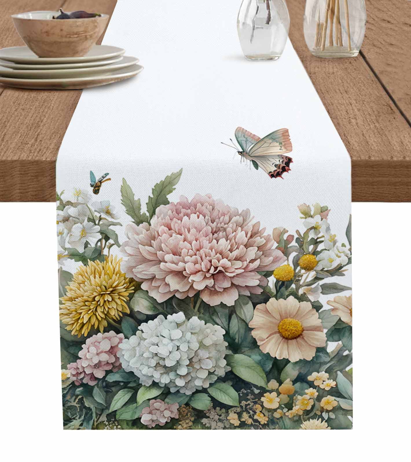 Spring Floral Table Runner 72 Inches, Pink Flowers Summer Botanical ...