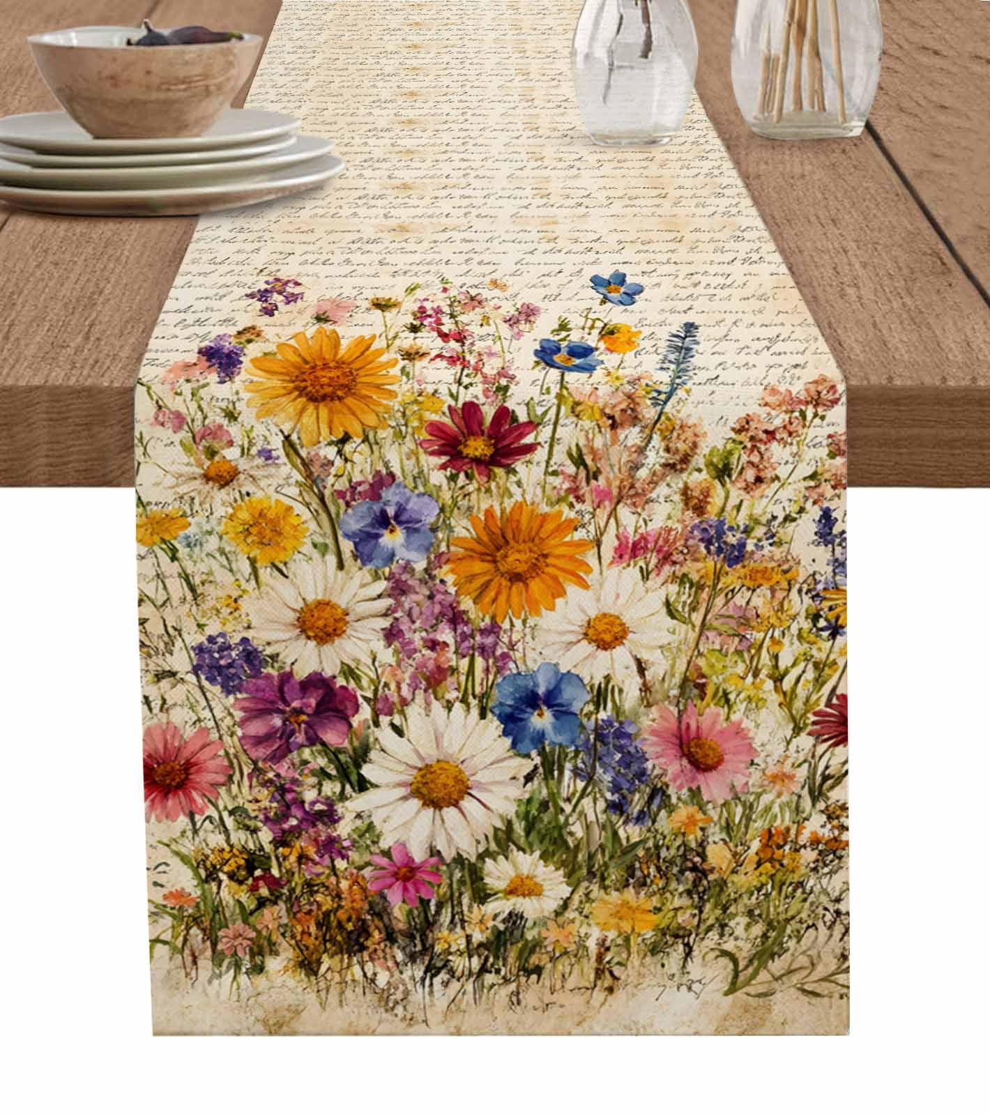 Spring Floral Table Runner 72 Inches, Vintage Summer Botanical Flowers ...