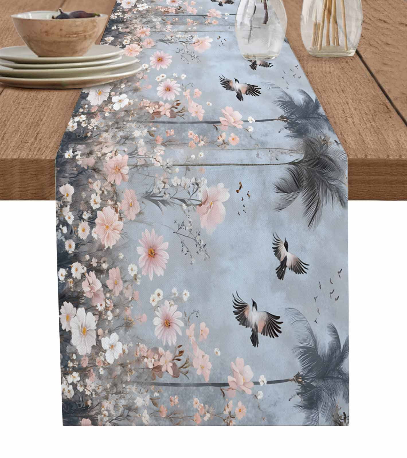 Spring Floral Table Runner 72 Inches, Watercolor Birds Tree Botanical ...