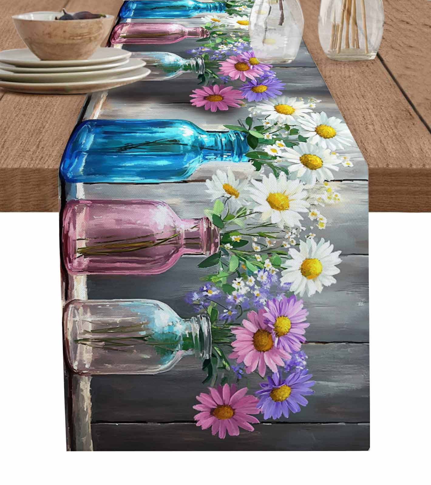 Spring Floral Table Runner 72 Inches, White Daisy Vintage Flowers ...