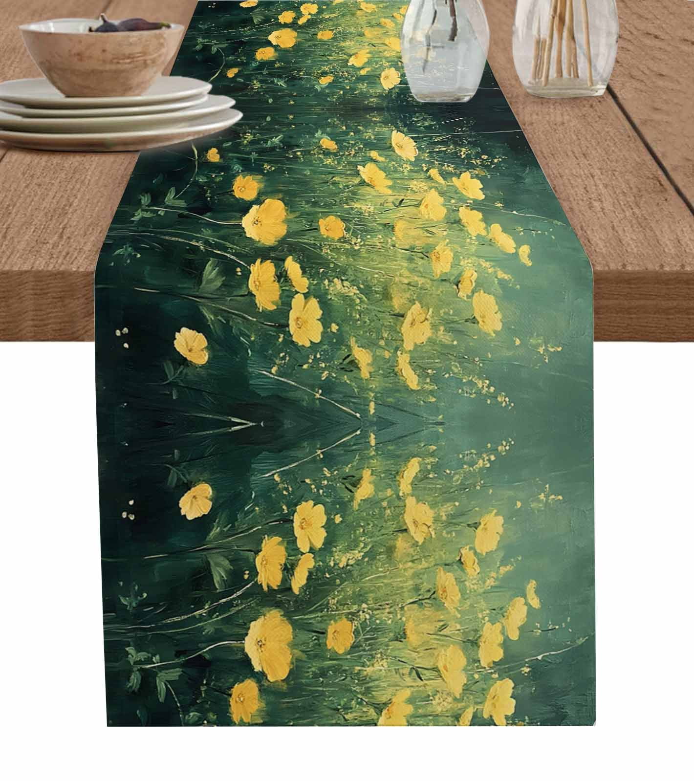 Spring Floral Table Runner 90 Inches, Yellow Green Pastoral Botanical ...