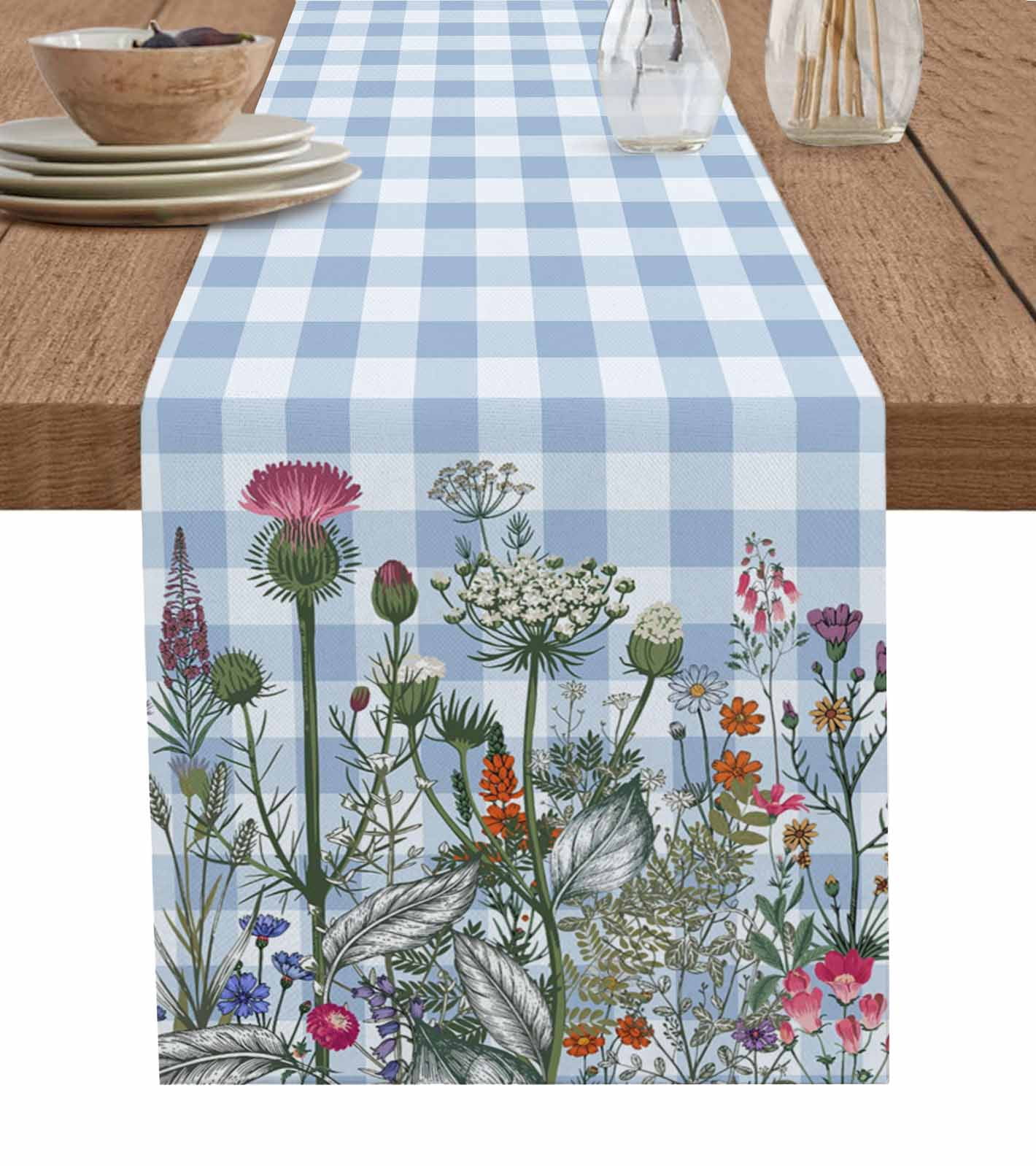 Spring Floral Table Runner Blue Plaid Botanical Flowers Butterfly ...