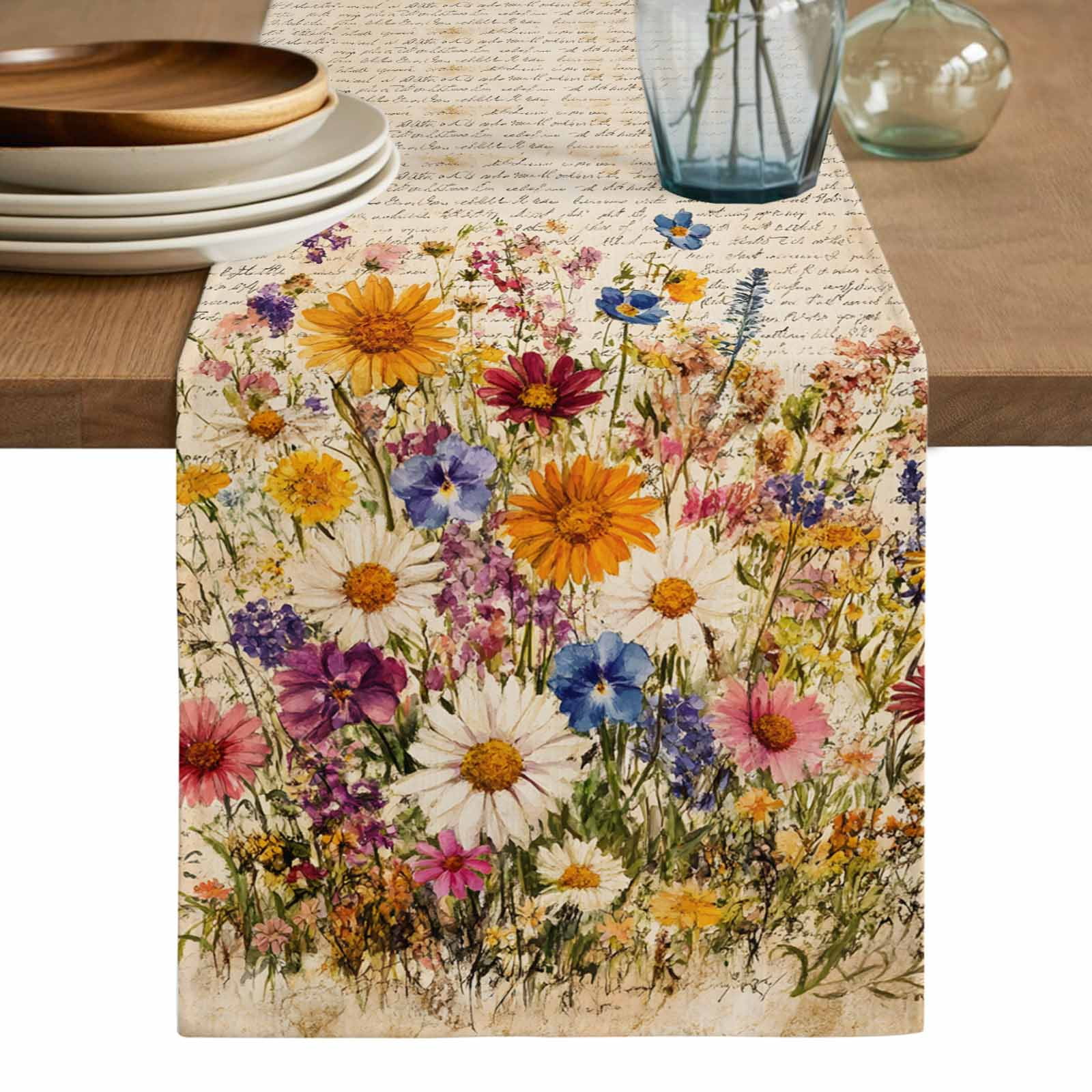 Spring Floral Table Runner, Vintage Summer Botanical Flowers Washable ...