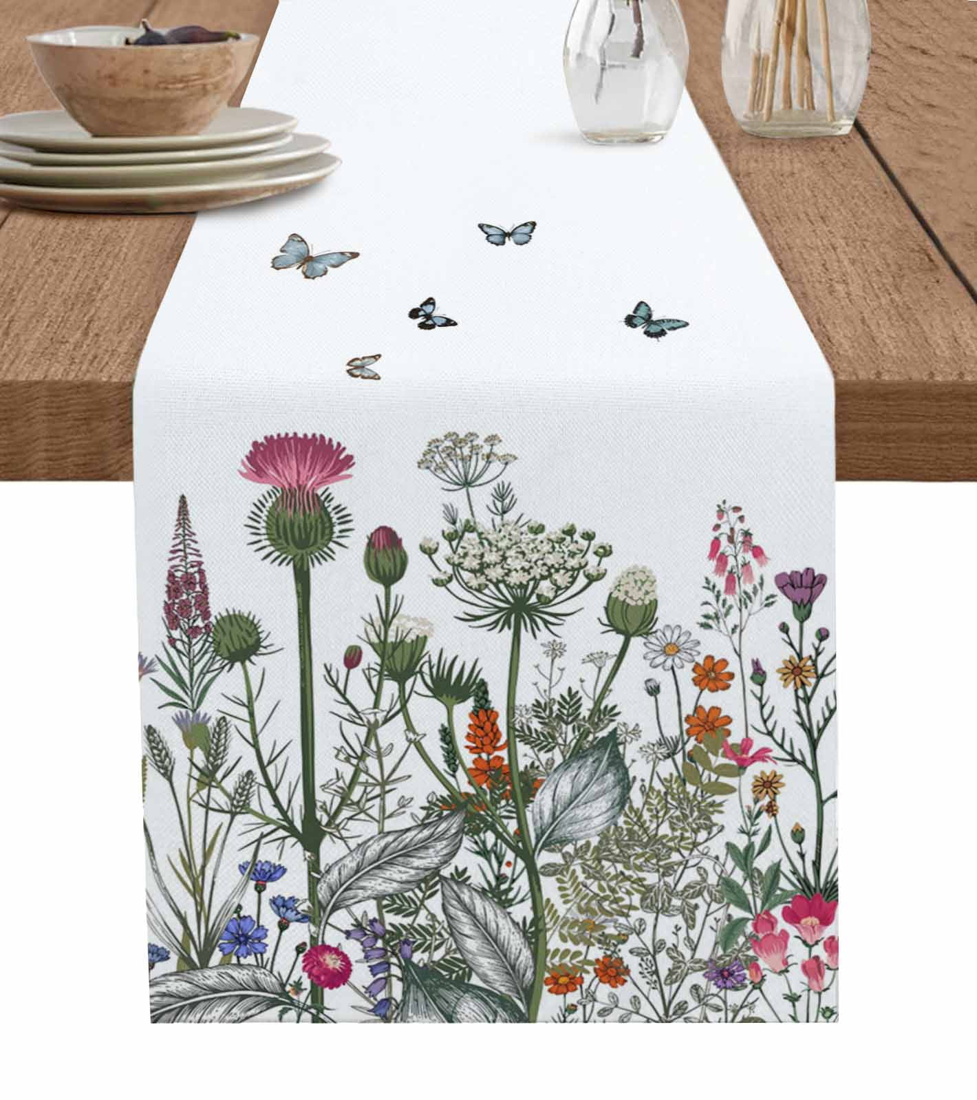 Spring Floral Table Runner Watercolor Botanical Flowers Butterfly ...