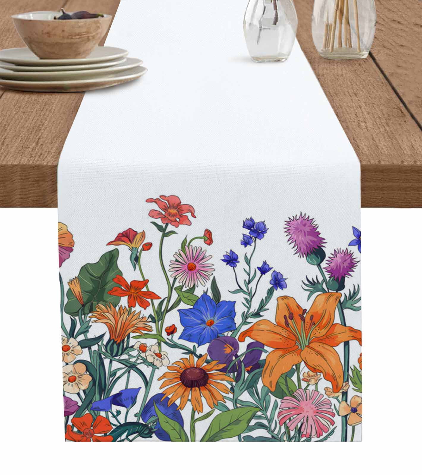 Spring Floral Table Runner Watercolor Purple Yellow Flower Tablerunners ...