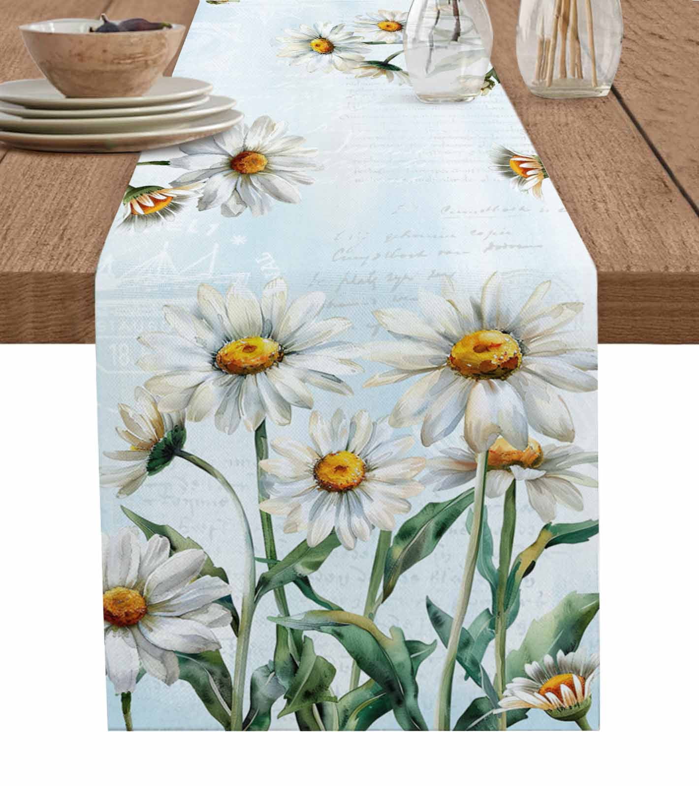 Spring Floral Table Runner Watercolor Summer Botanical White Daisy ...