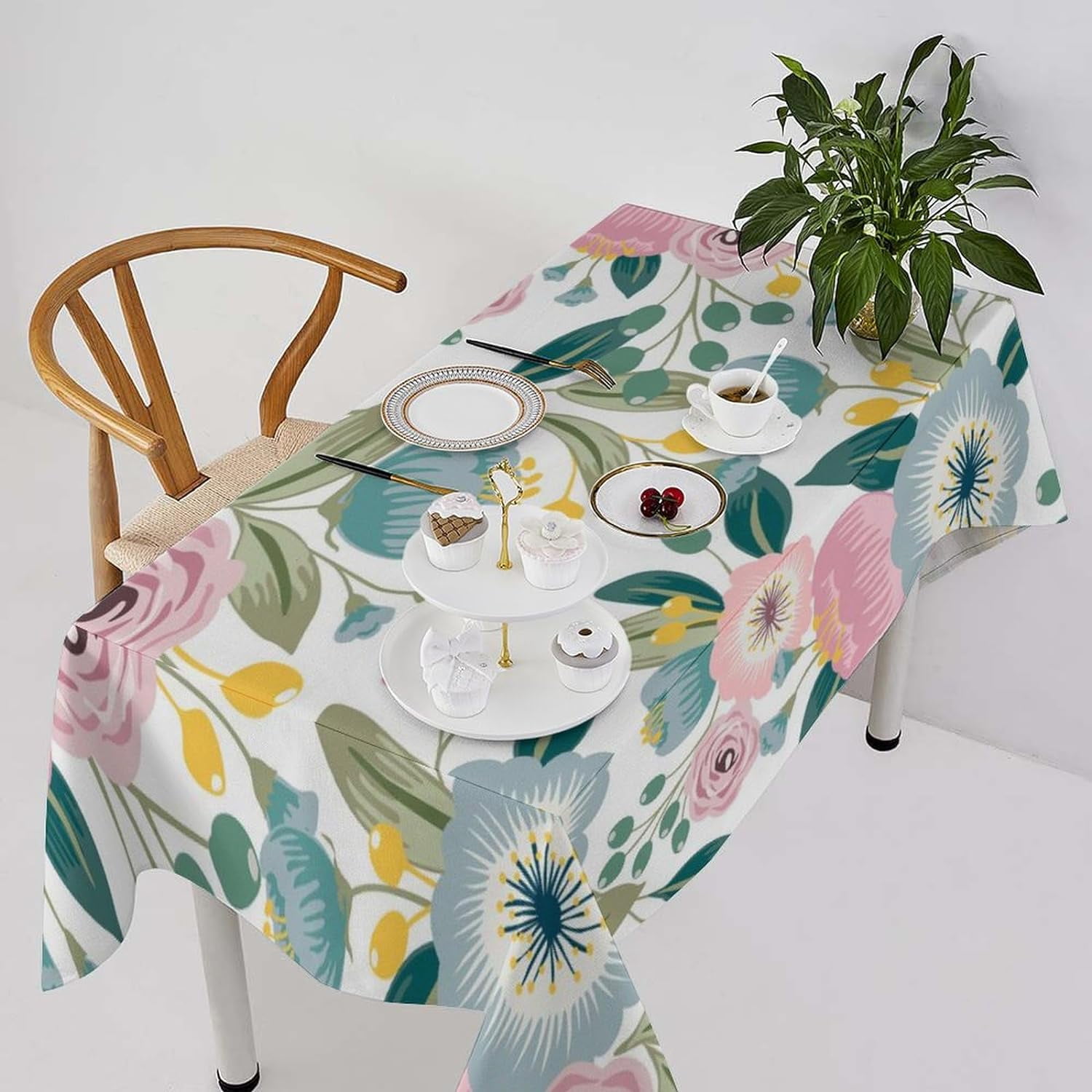 Spring Floral Tablecloth, Boho Blue Blossom Wildflowers Girly Light ...