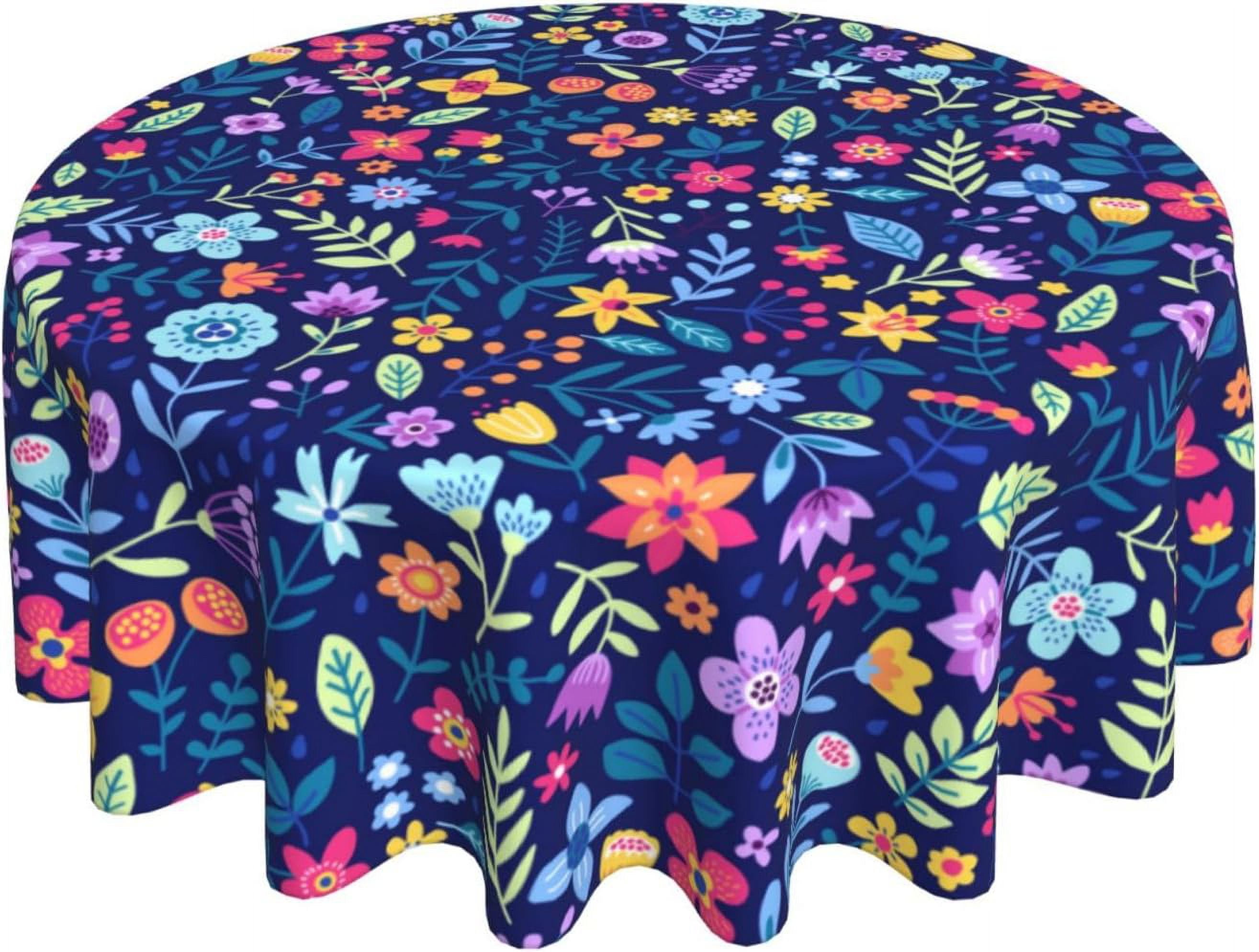 Spring Floral Tablecloth Round 60 Inches Farmhouse Blue Background ...
