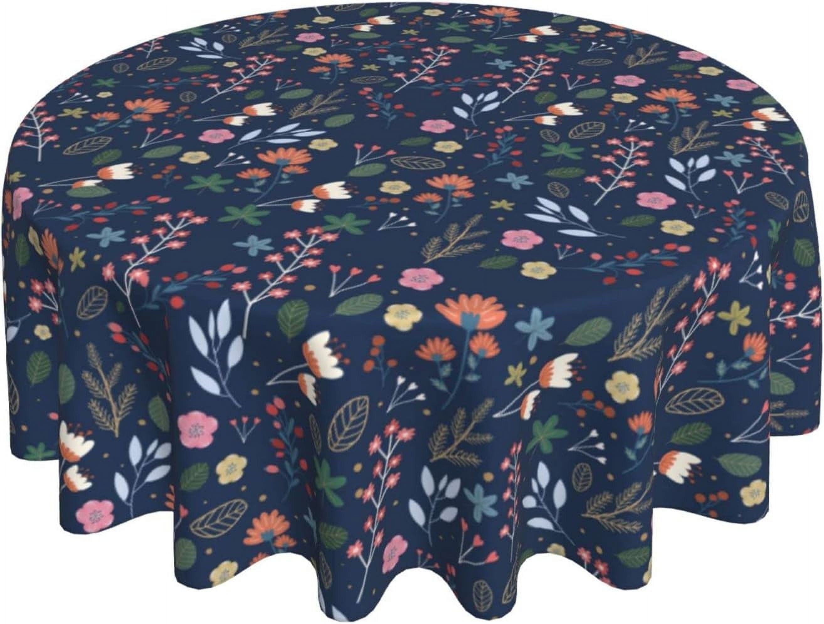 Spring Floral Tablecloth Round 60 Inches Farmhouse Navy Blue Background ...