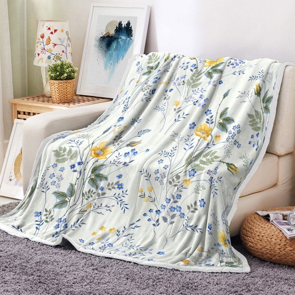 Spring Floral Throw Blanket, Blue and Yellow Watercolor Floral Throw ...
