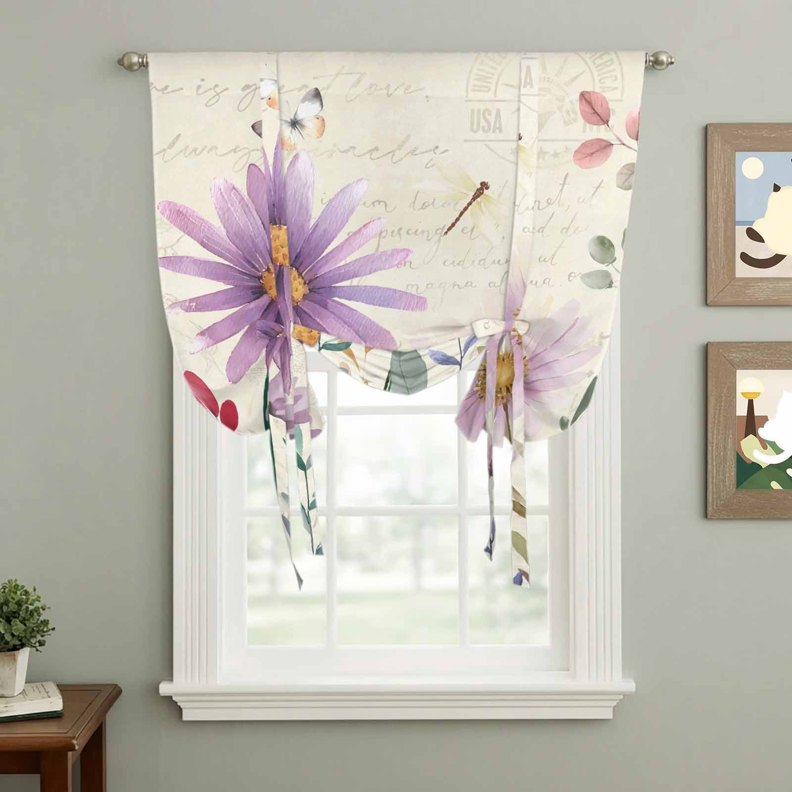 Spring Floral Tie Up Curtain 63 Inches Long, Purple Wildflowers ...