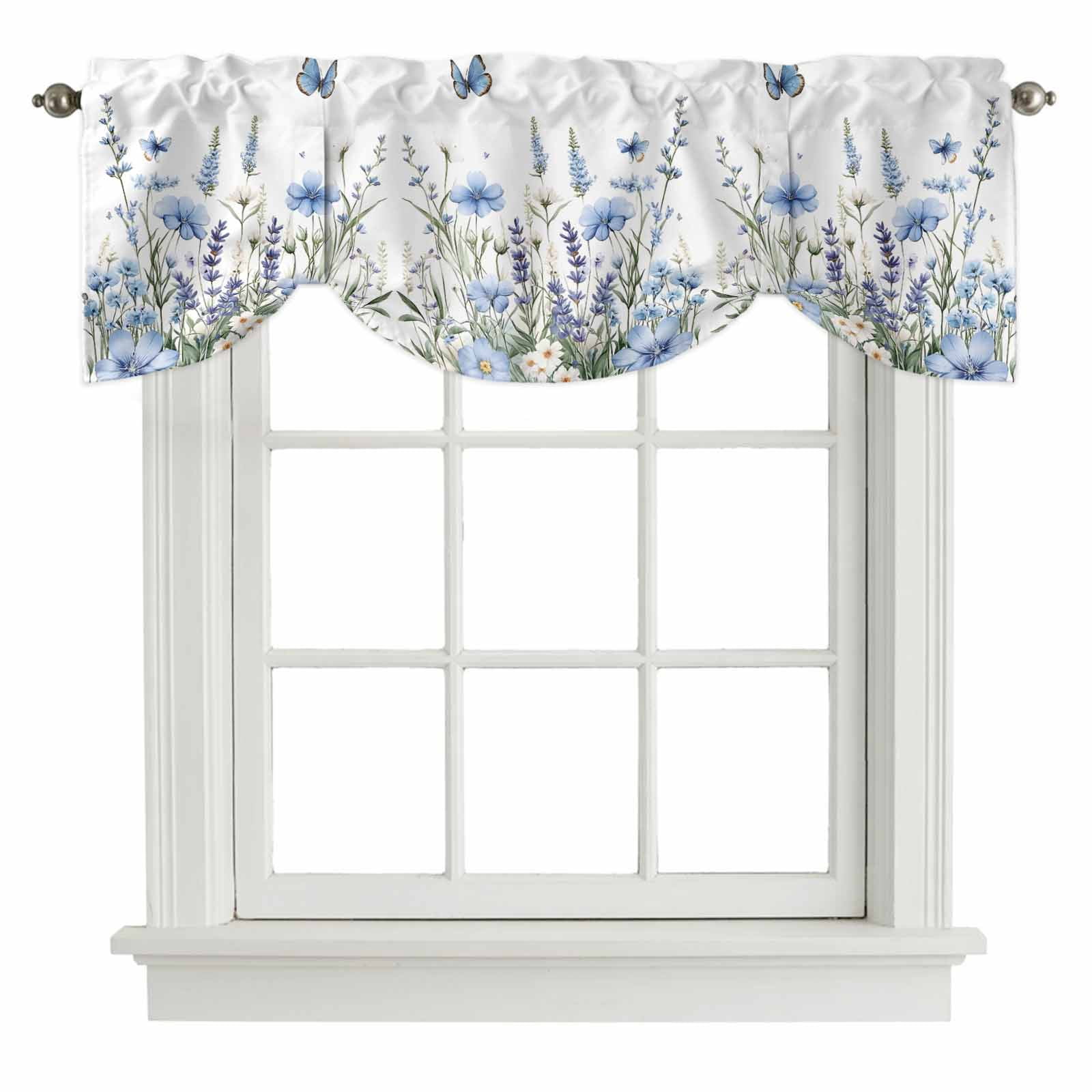 Spring Floral Tie Up Valance for Windows, Blue Wildflowers Lavender ...
