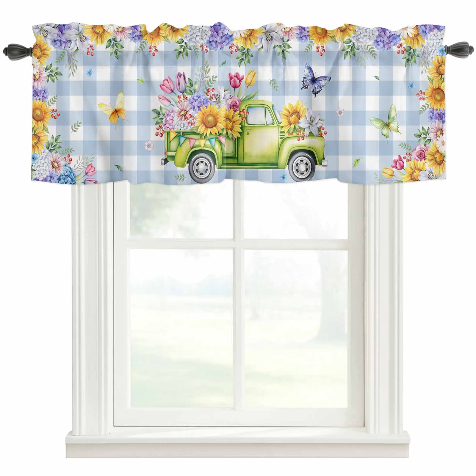 Spring Floral Truck Farmhouse Short Window Curtain Valances, Watercolor ...