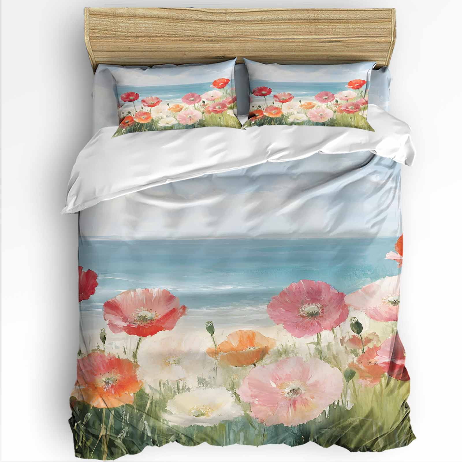 Spring Floral Twin Size Comforter Set, Poppy Flower Field Sky Beach ...