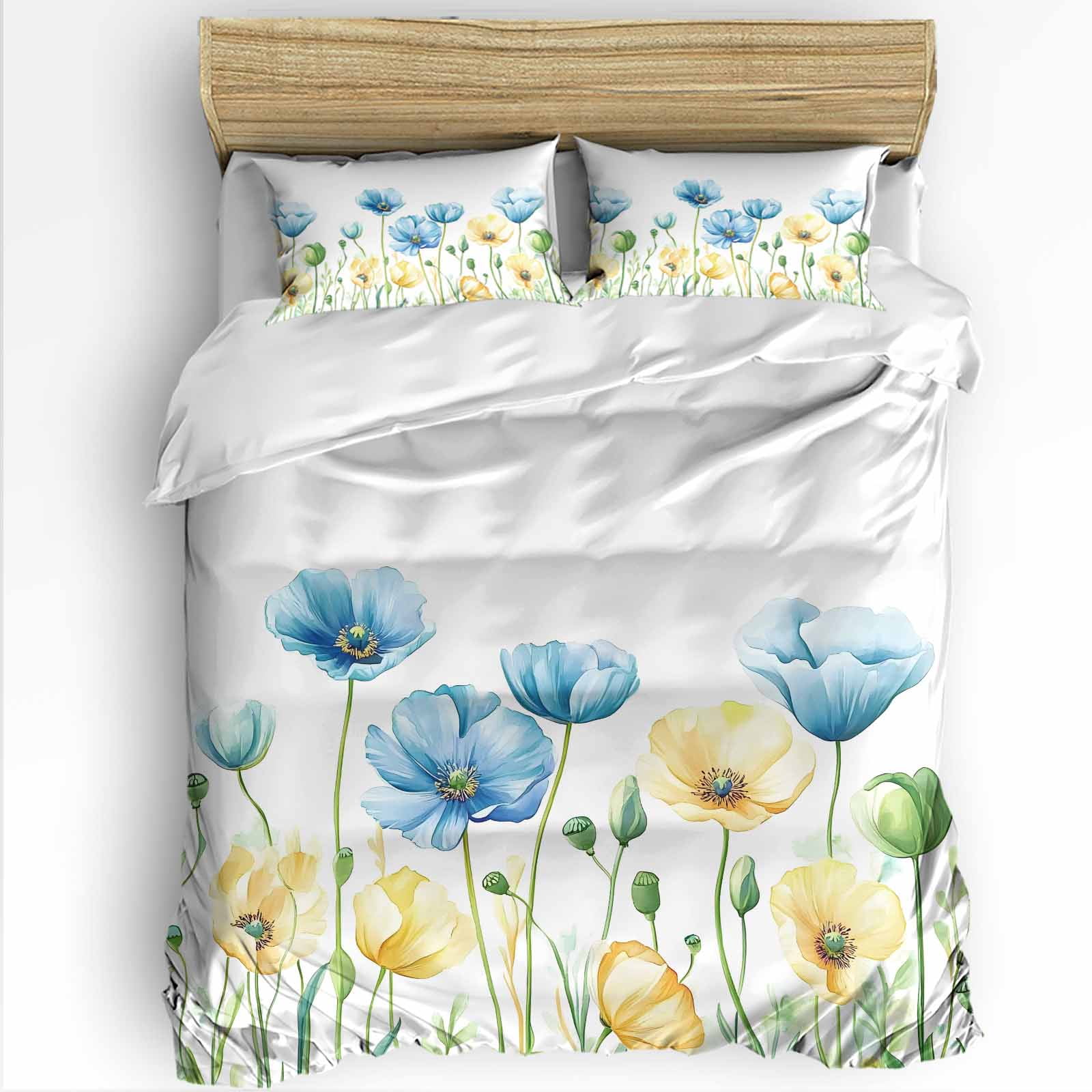 Spring Floral Twin Size Comforter Set, Watercolor Blue Green Poppy Soft ...