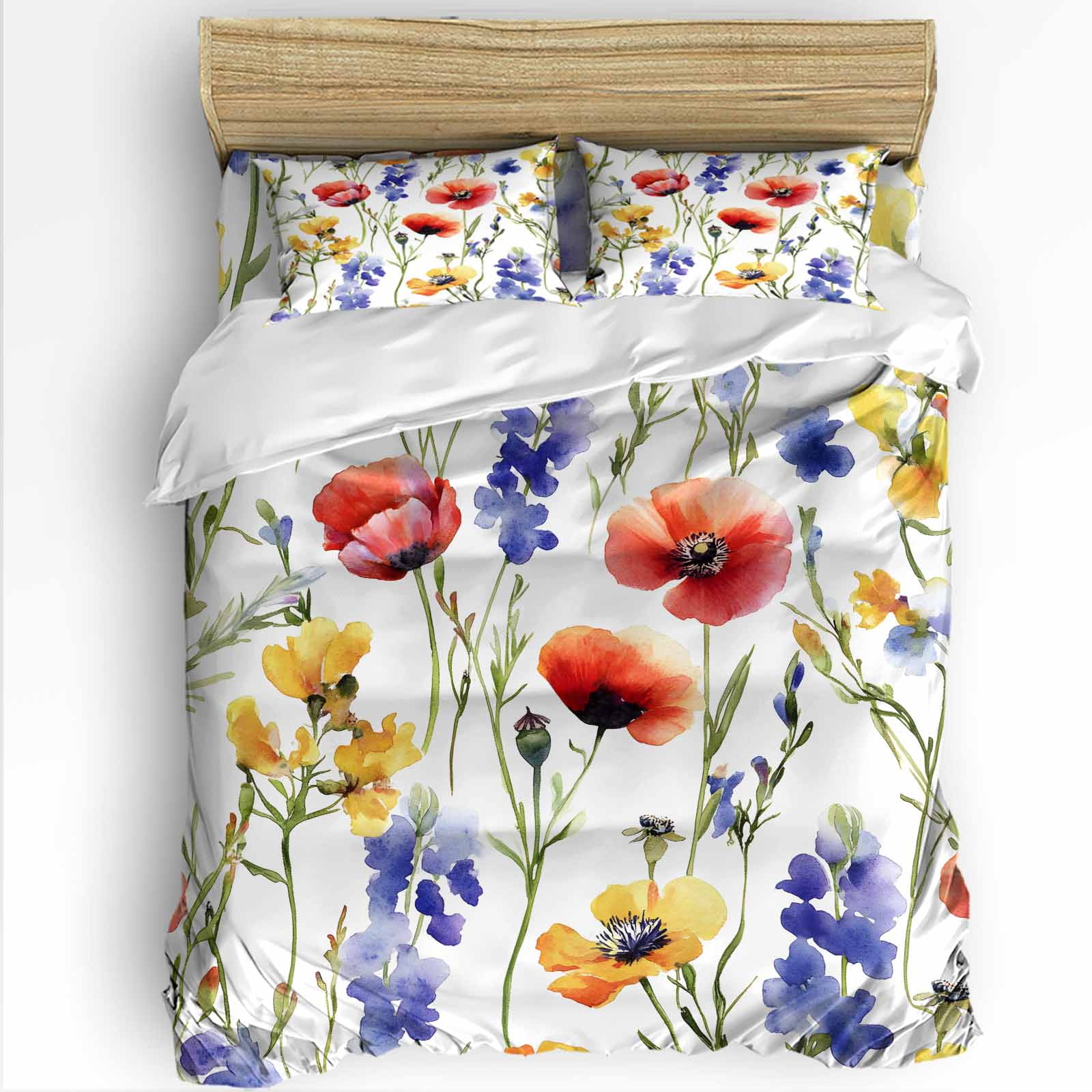 Spring Floral Twin Size Comforter Set, Watercolor Yellow Blue Red Poppy ...