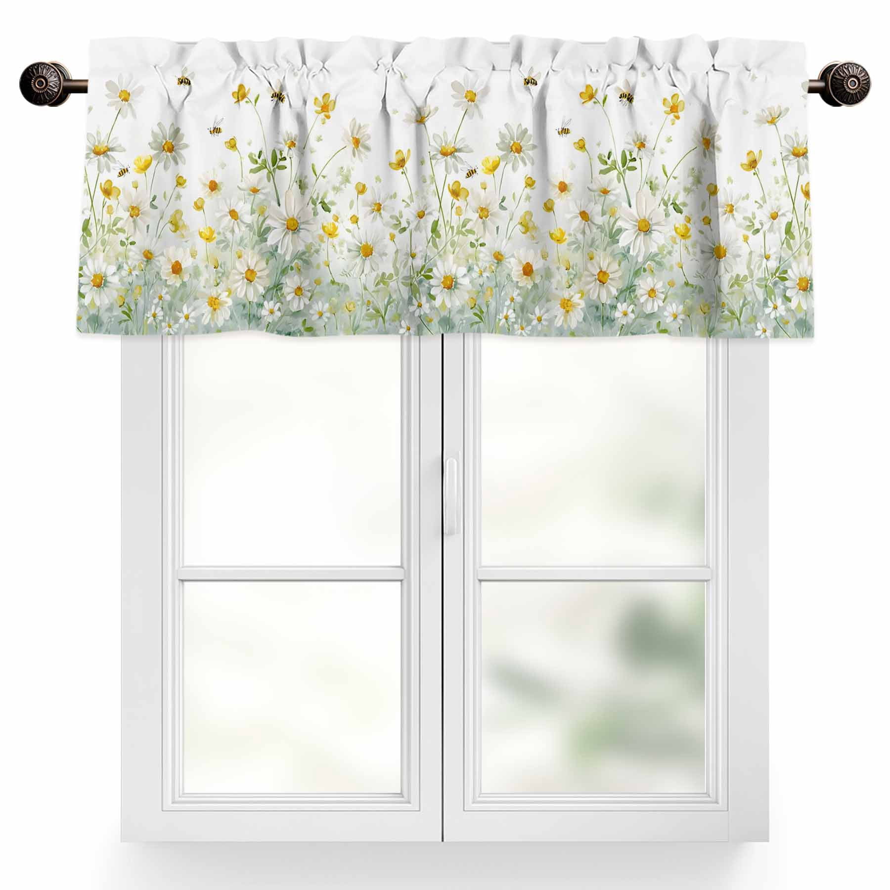 Spring Floral Valances for Windows Watercolor Bee White Yellow ...
