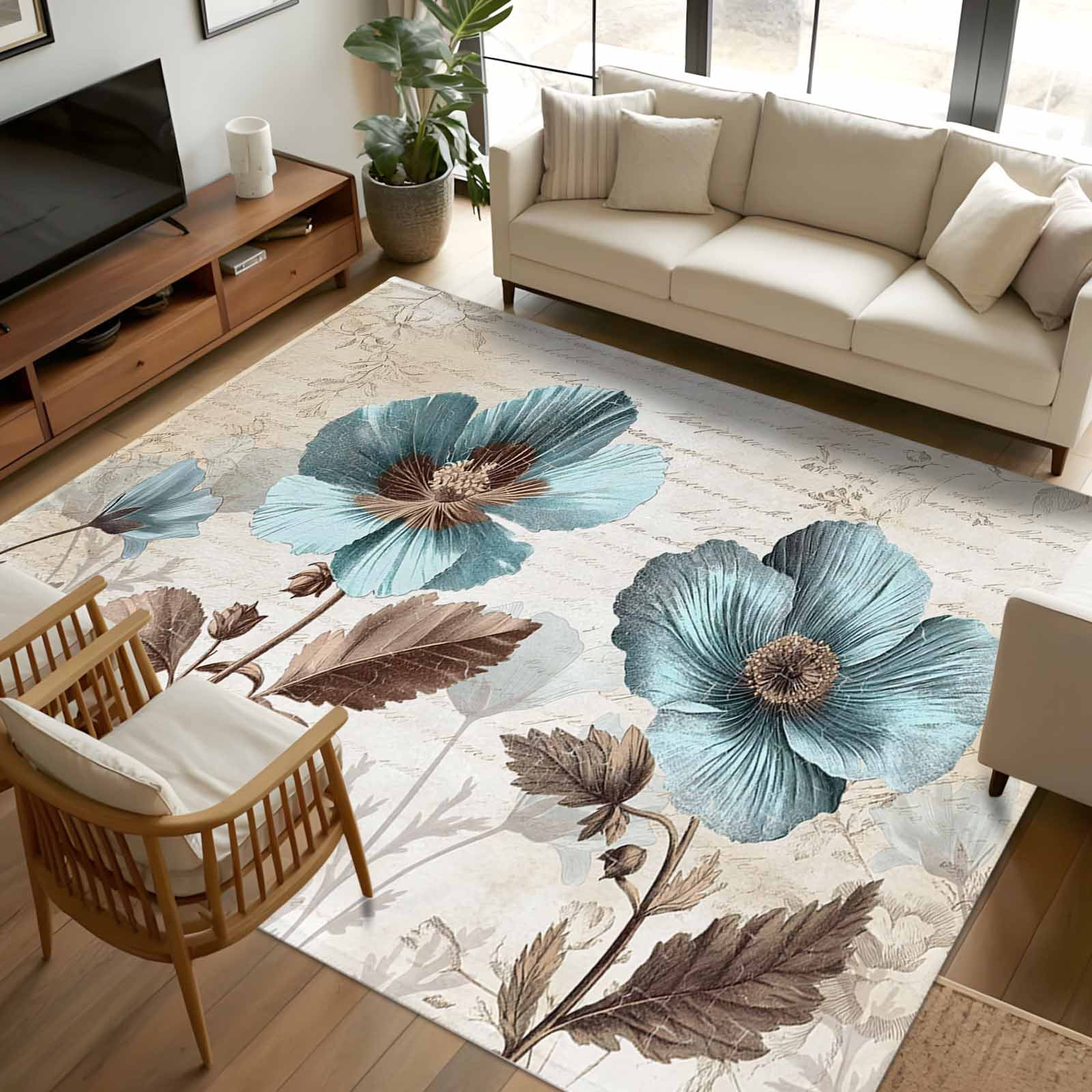 Spring Floral Vintage 6x9 Area Rugs, Retro Teal Tulips Botanical Summer ...