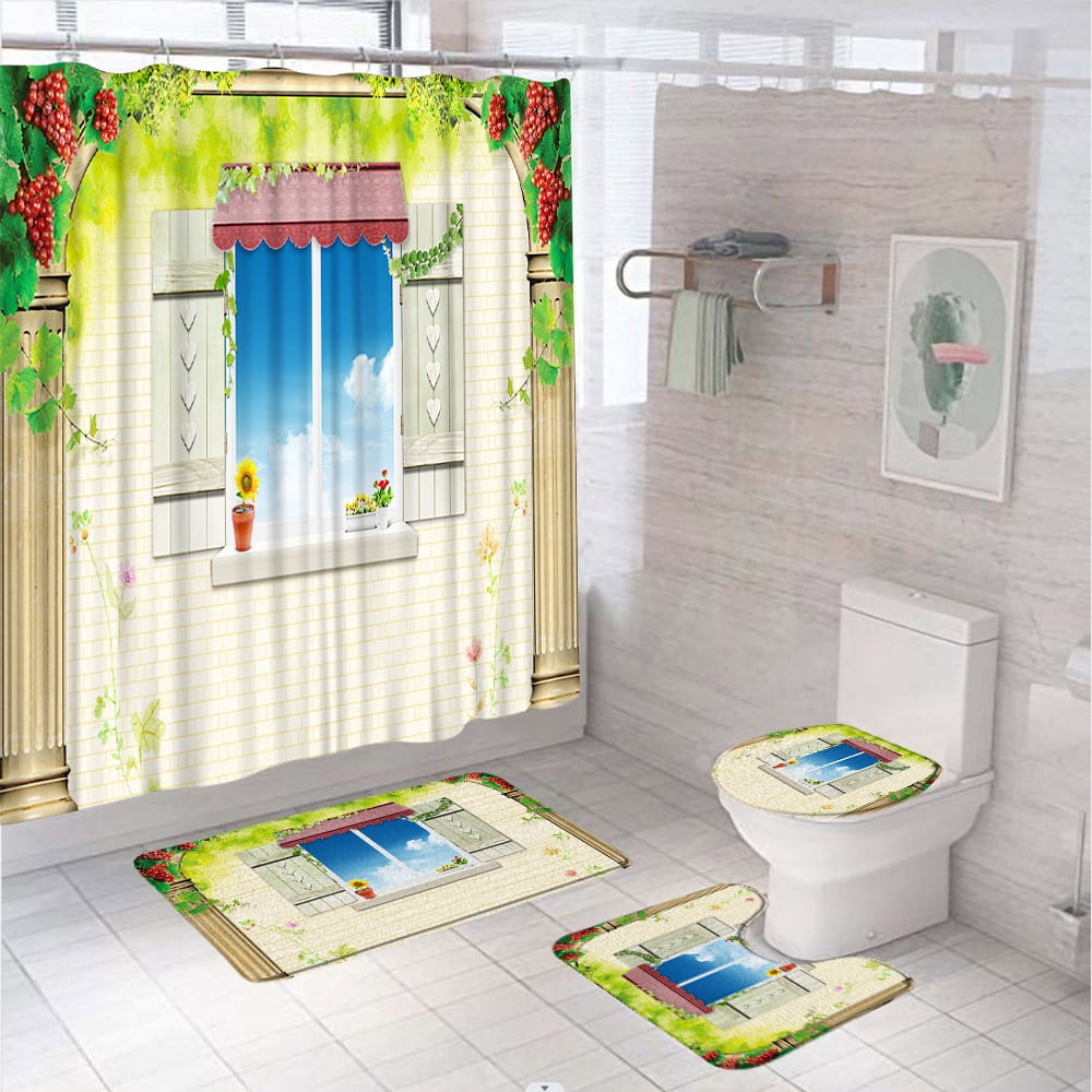 Spring Floral Wall Shower Curtain Set Country Town Green Ivy Leaves ...