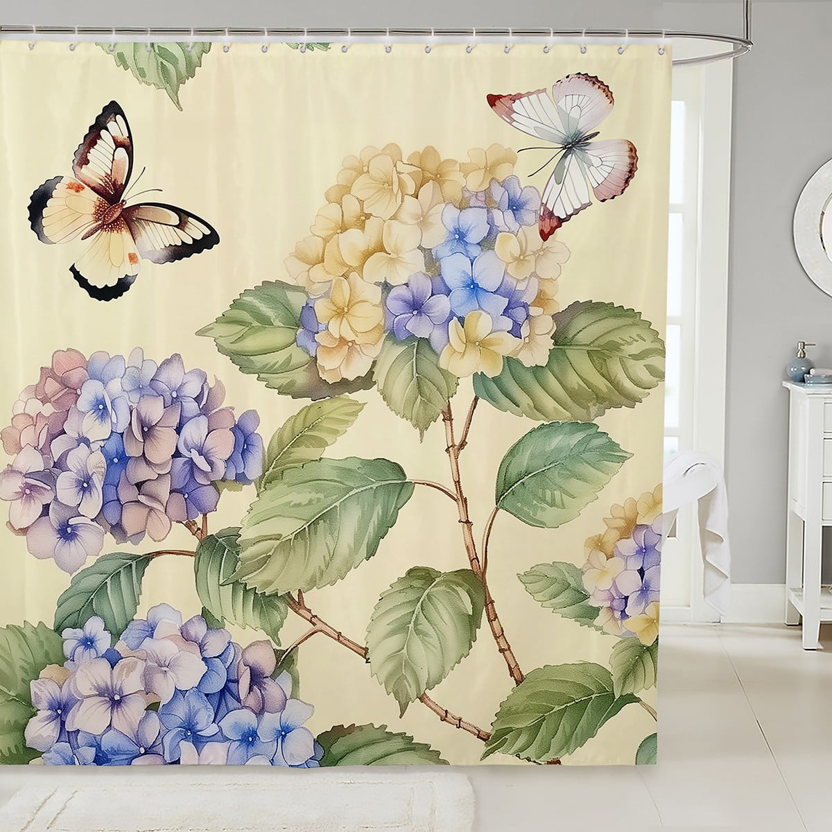 Spring Floral Waterproof Bathroom Curtain Rustic Hydrangea Flower ...