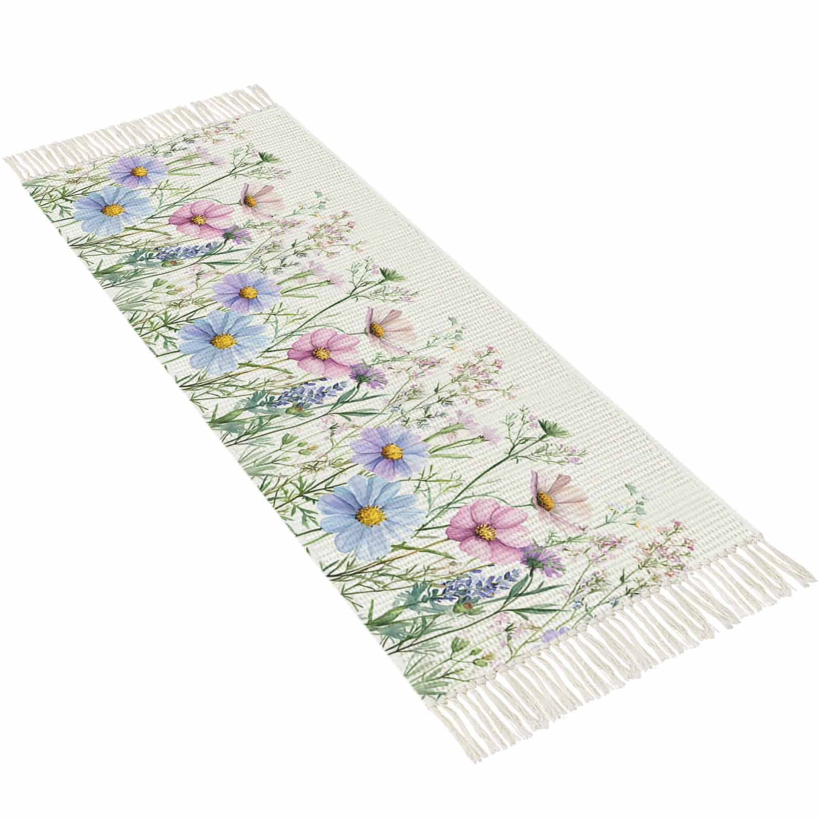 Spring Floral White Kitchen Runner Rug 2x4 Bedside Rug with Tassel ...