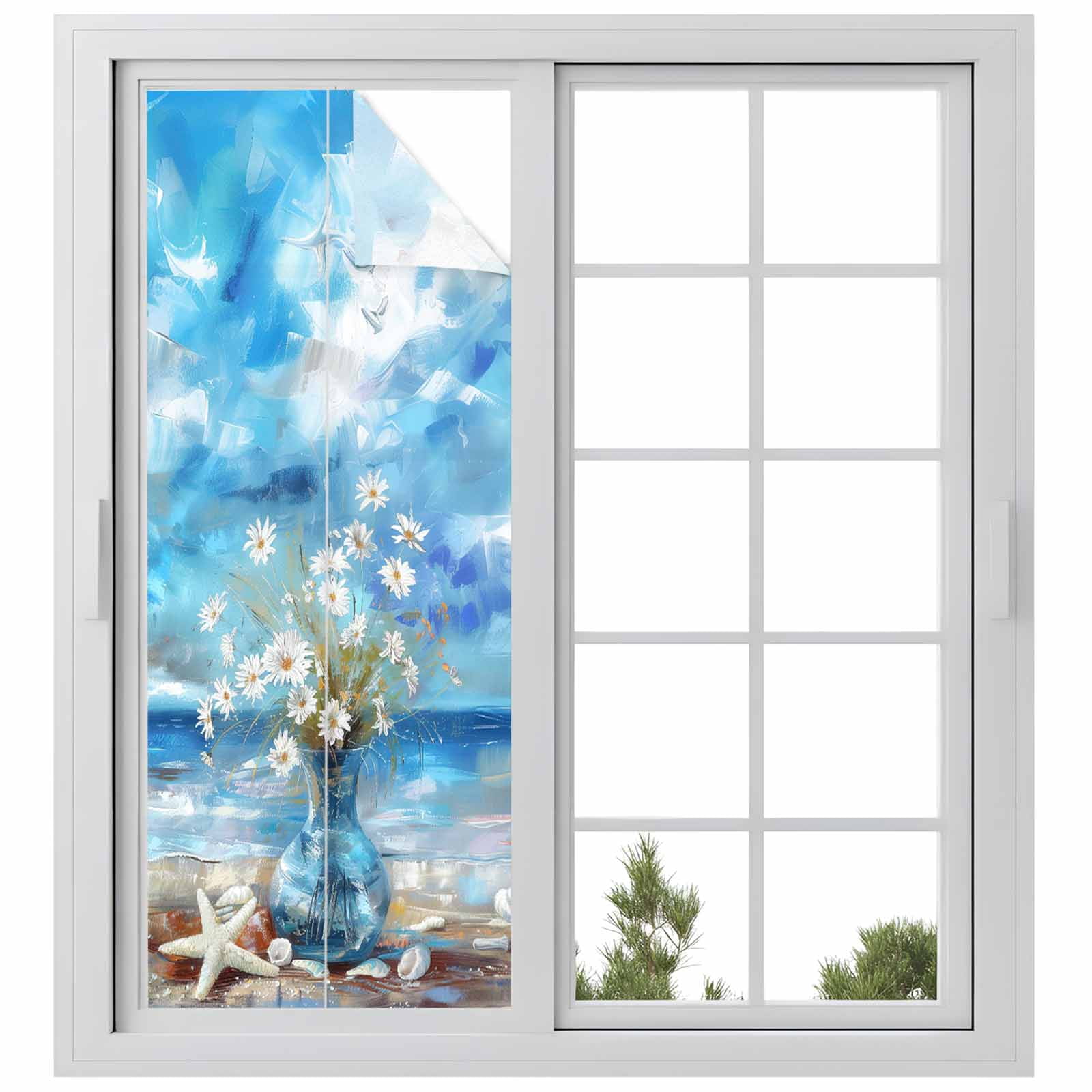 Spring Floral Window Privacy Film, Coastal Blue Oil Painting Botanical ...