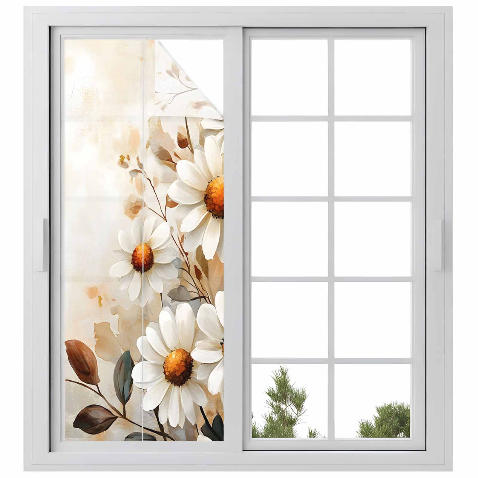 Spring Floral Window Privacy Film, Daisy Summer Botanical Vintage Flowers Static Cling UV Sun ...