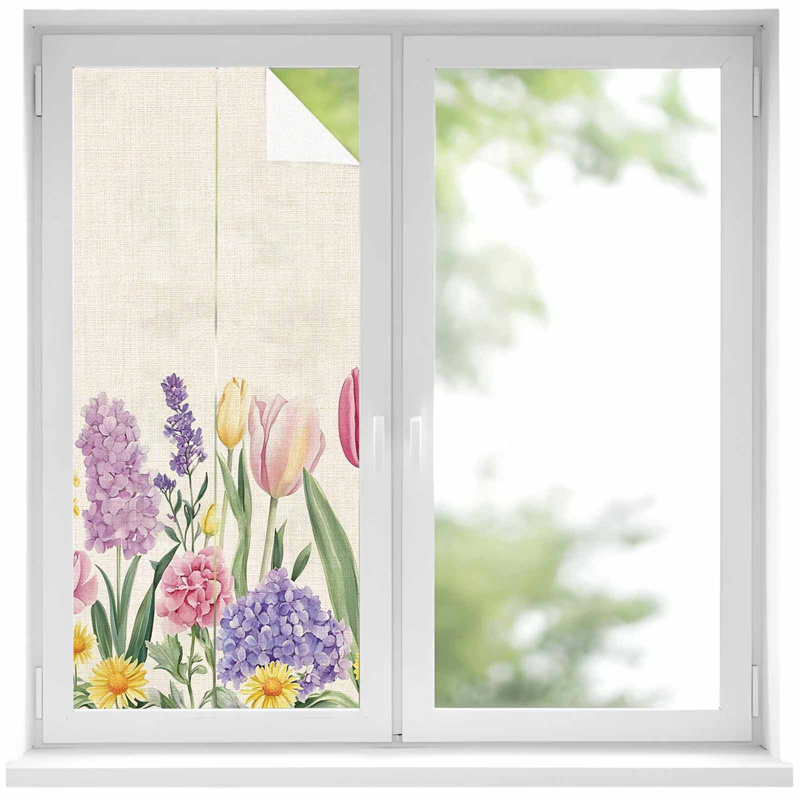 Spring Floral Window Privacy Film, Pink Tulip Summer Botanical Rustic ...