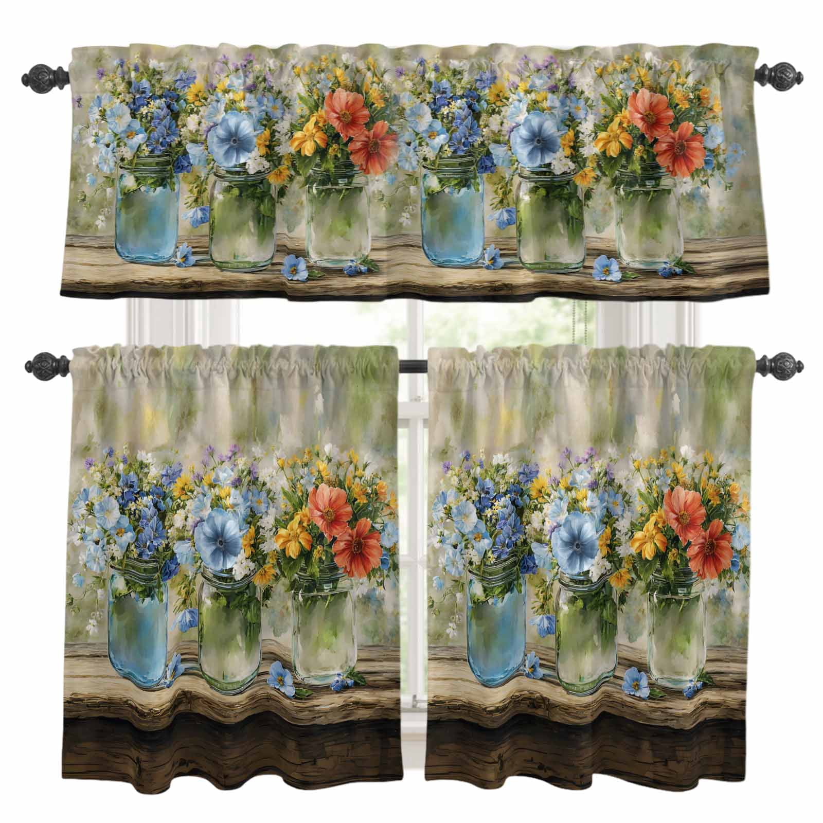 Spring Florals Kitchen Curtains Set for Windows, Yellow Red Blue Purple ...