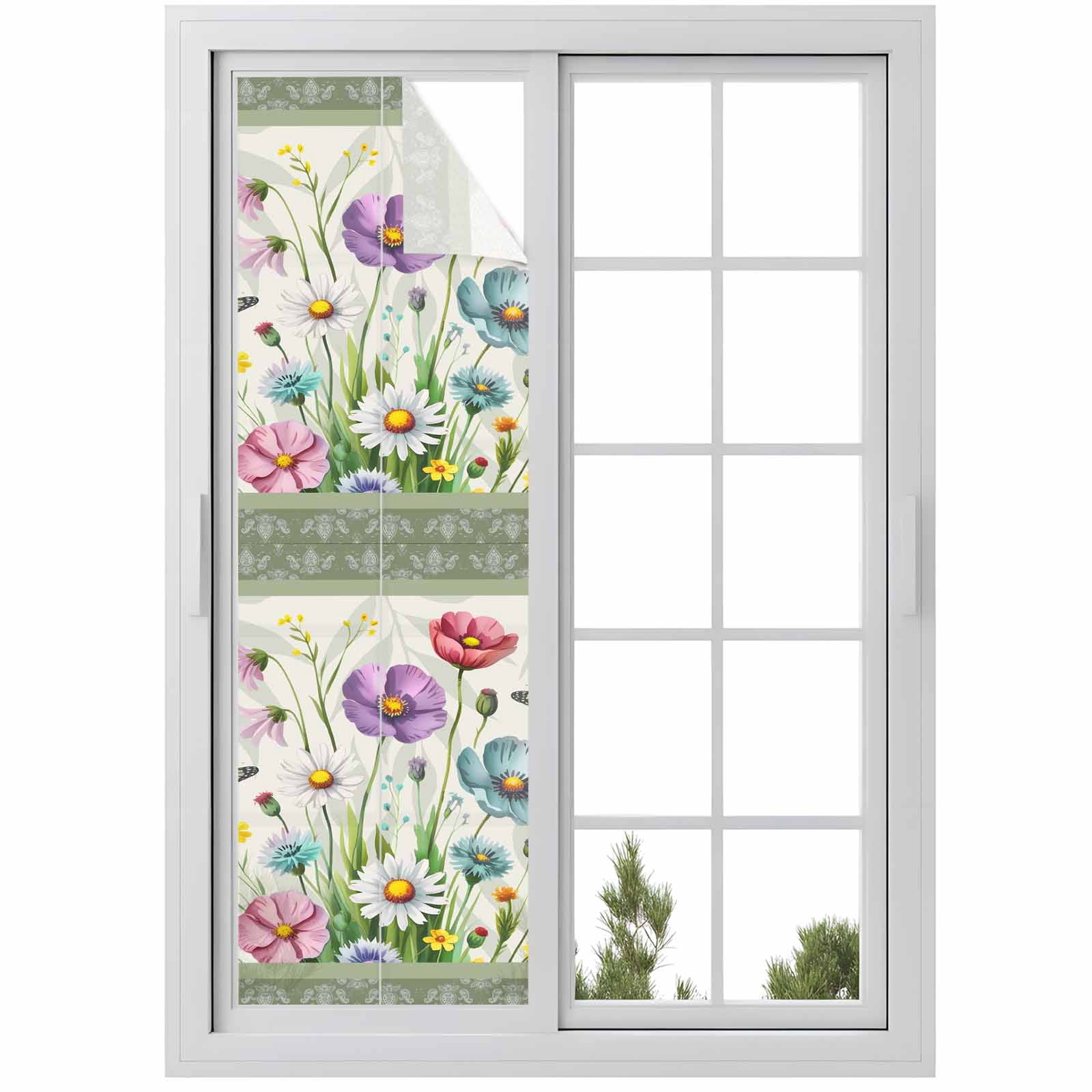 Spring Florals Window Privacy Film, Daisy Wildflowers Butterfly Leaf ...