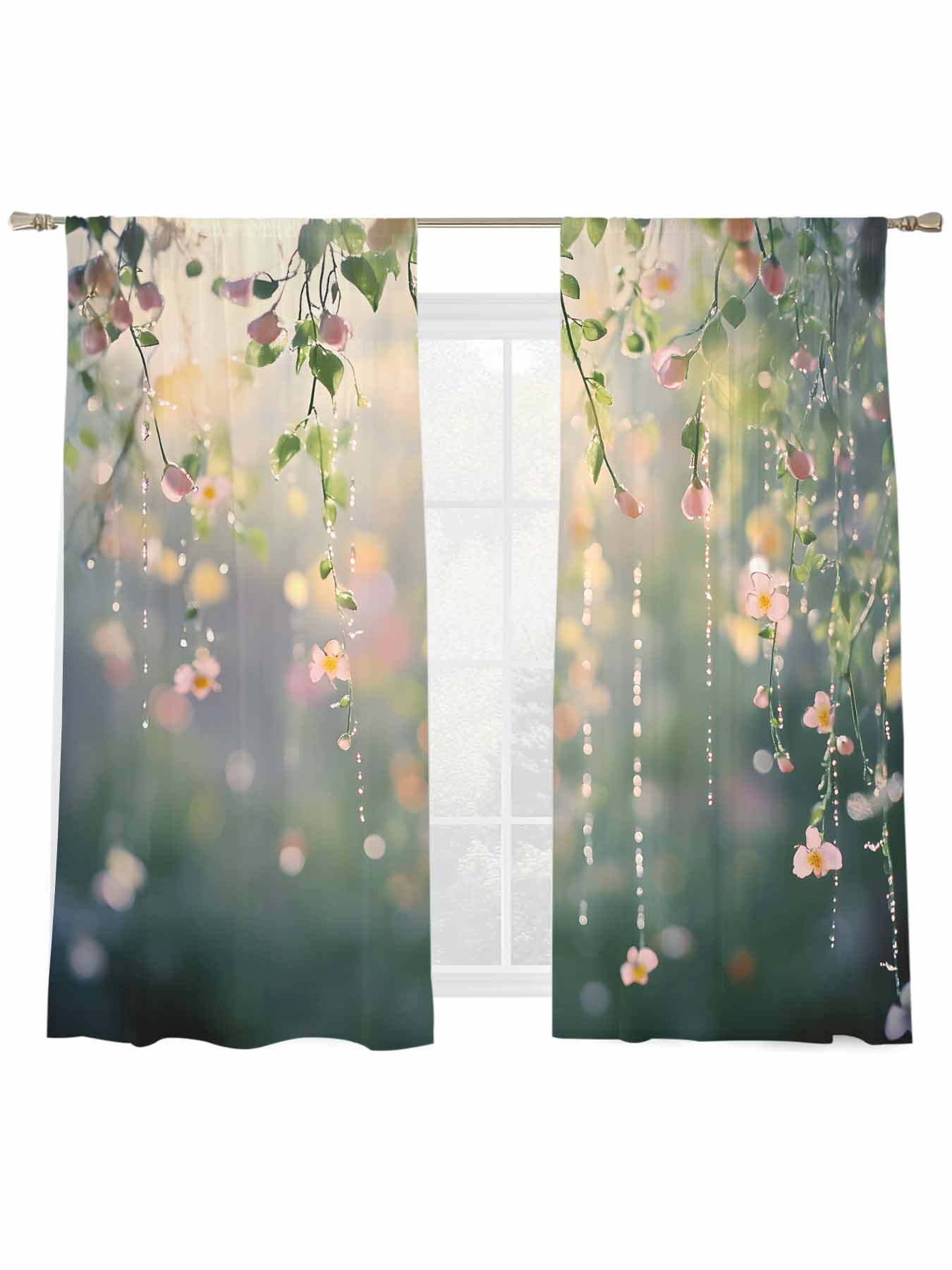 Spring Floreal Sheer Curtains 2 Panels Set Pink Flower Raindrops ...