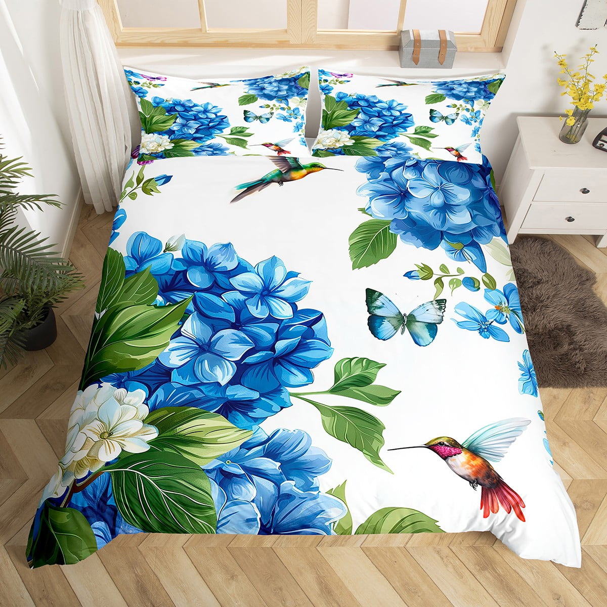 Spring Flower Bed Set Hummingbird Butterfly Bedding Sets Queen,Navy ...
