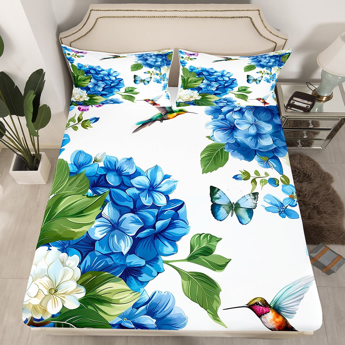 Spring Flower Bed Sheets Hummingbird Butterfly Queen Fitted Sheet,Navy ...