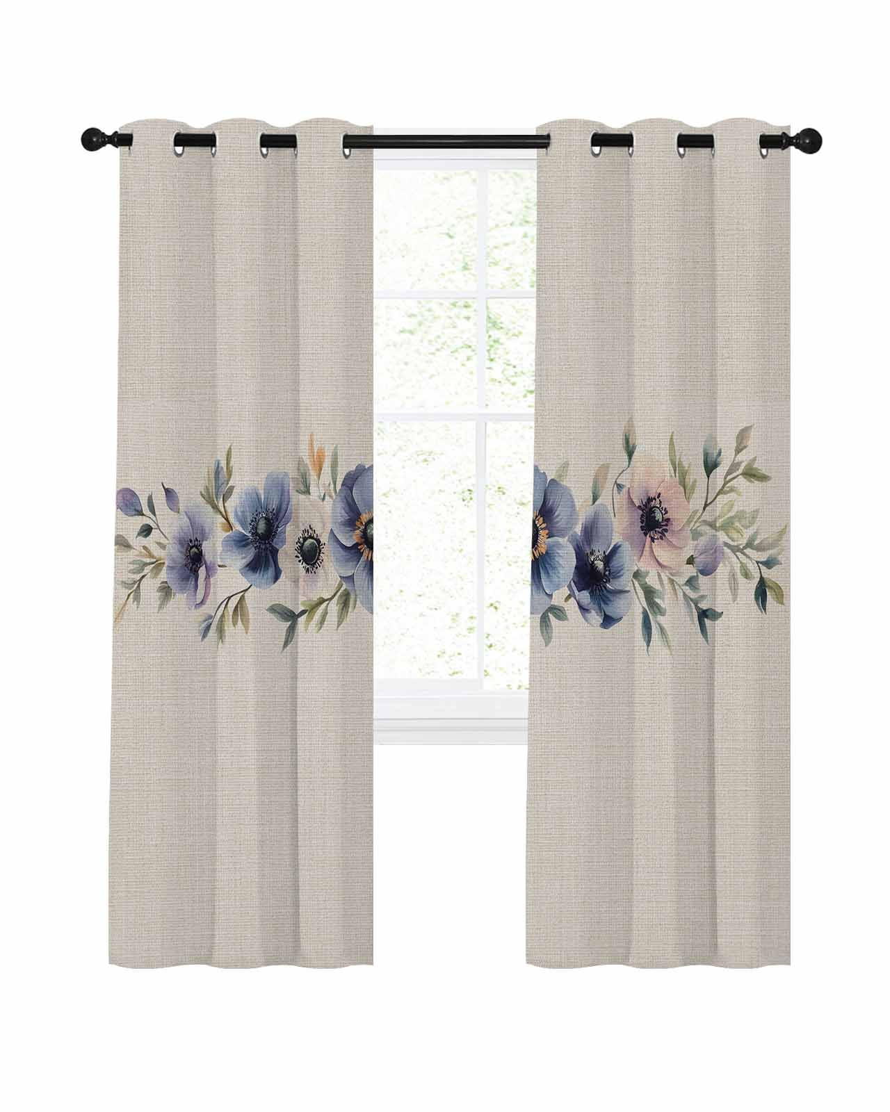 Spring Flower Blackout Curtains 63 Inch Length Vintage Purple Floral ...
