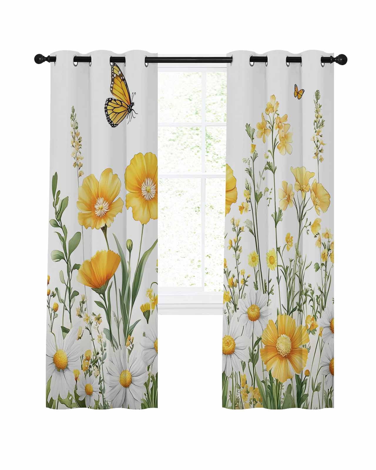 Spring Flower Blackout Curtains 72 Inch Length White Yellow Floral ...